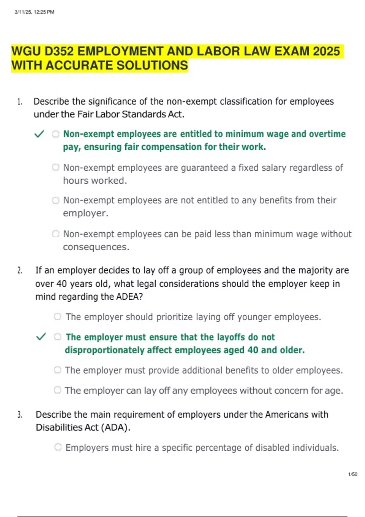 WGU D352 EMPLOYMENT AND LABOR LAW EXAM 2025 WITH ACCURATE SOLUTIONS - WGU D352 EMPLOYMENT AND ...