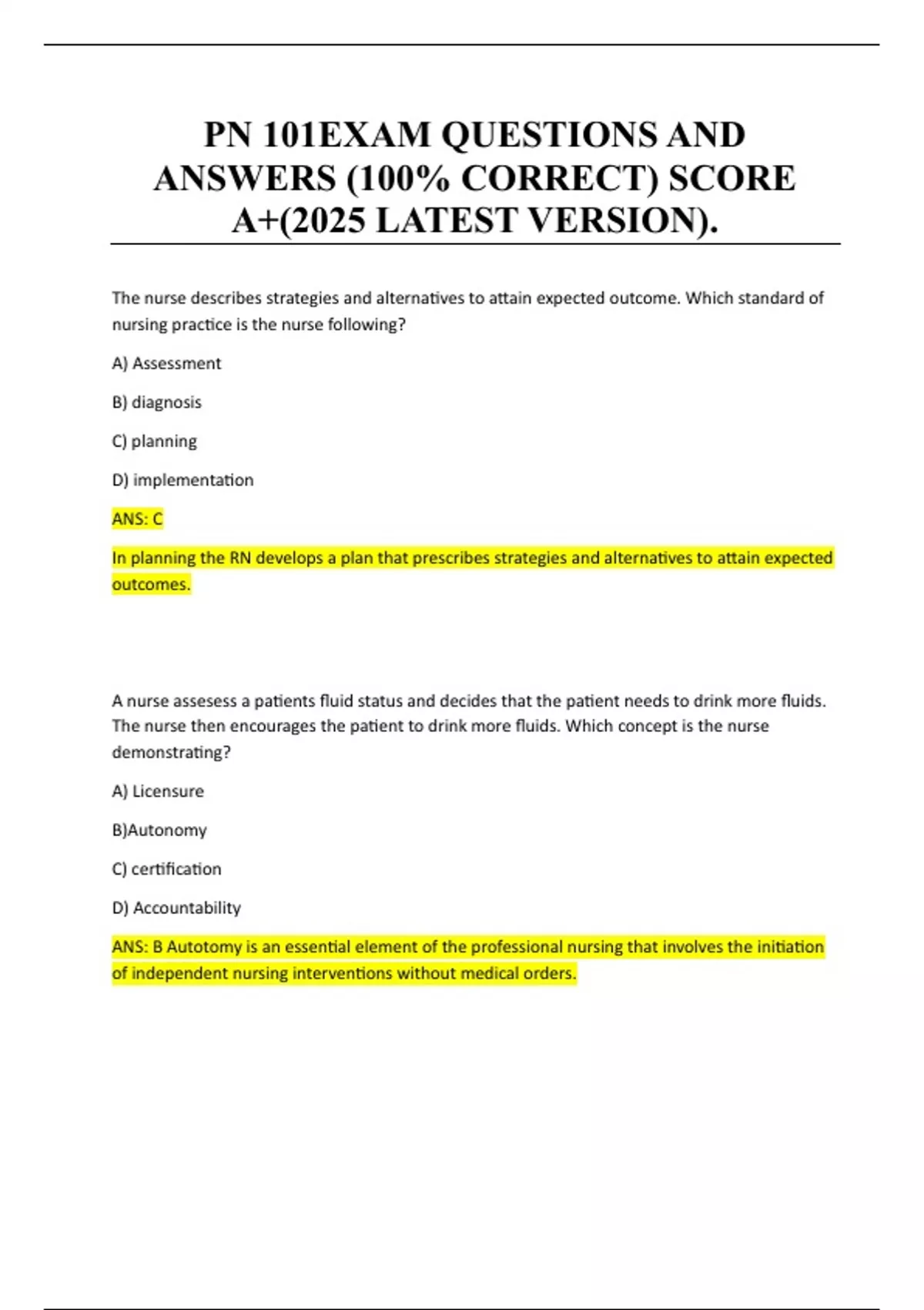 PN 101EXAM QUESTIONS AND ANSWERS (100% CORRECT) SCORE A+(2025 LATEST ...