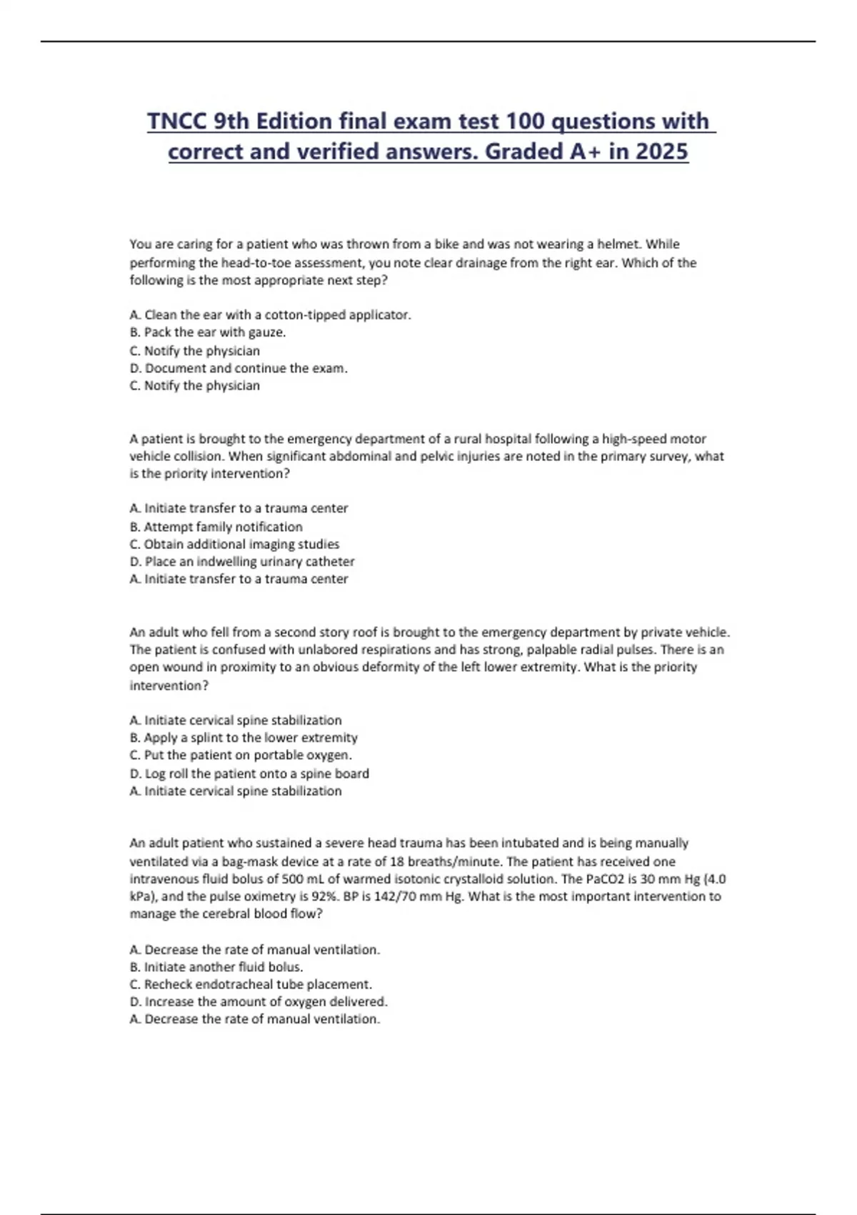 TNCC 9th Edition final exam test 100 questions with correct and ...