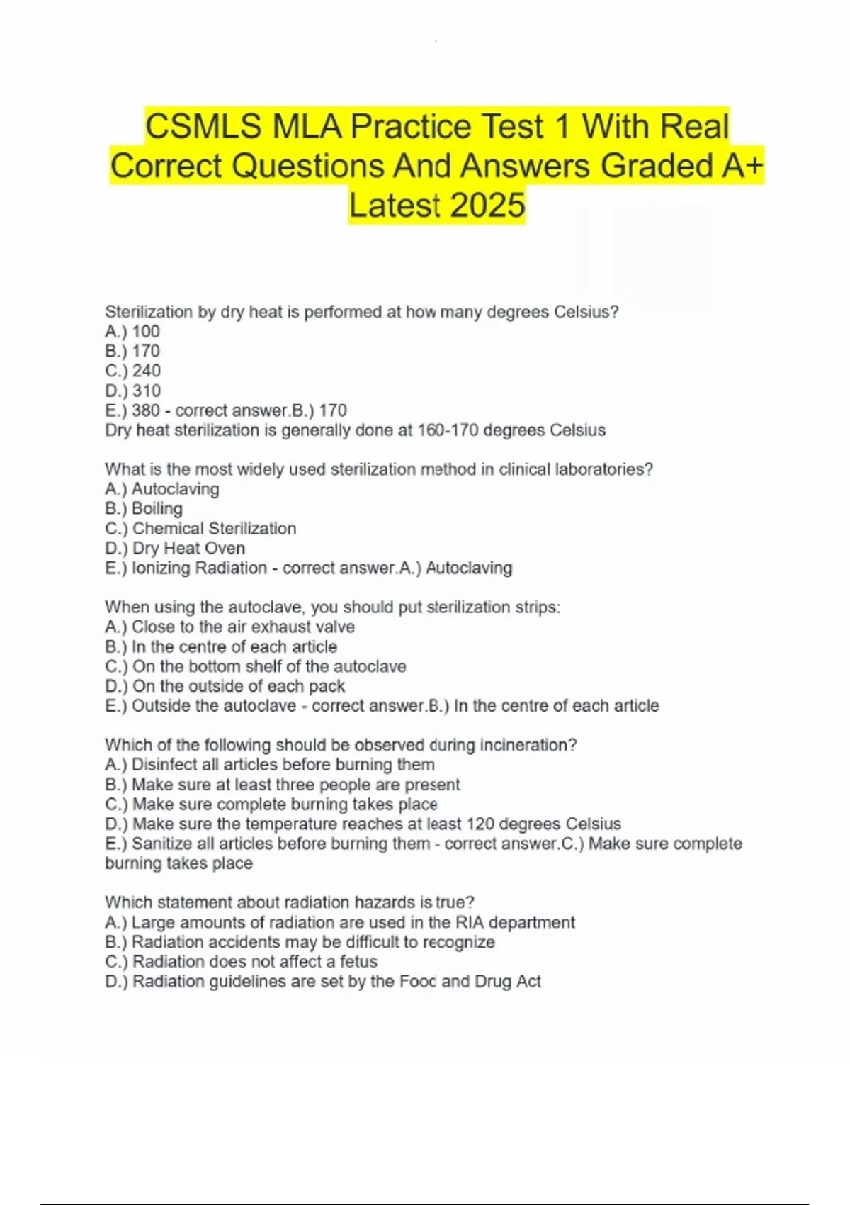 CSMLS MLA Practice Test 1 With Real Correct Questions And Answers ...