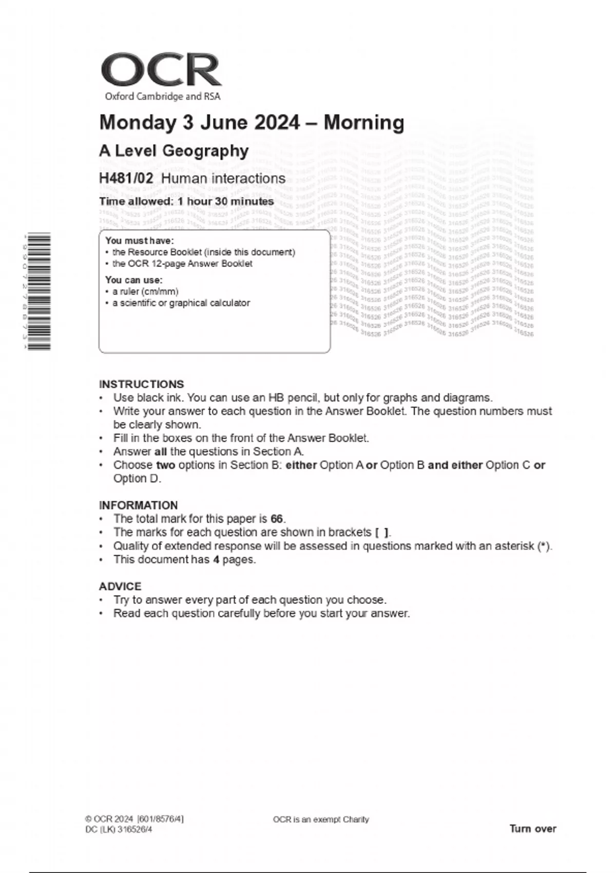OCR A Level Geography H481/02 Human interactions JUNE 2024 Question ...