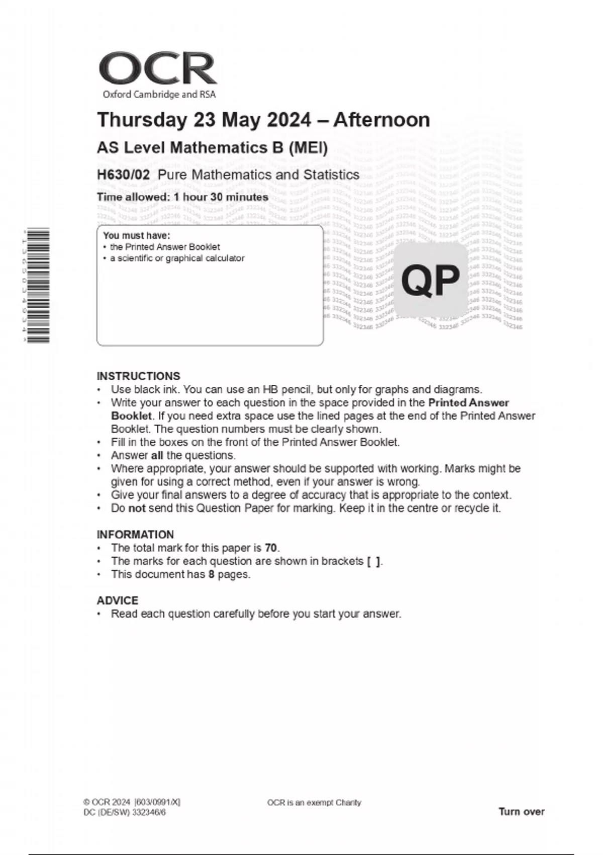 OCR AS Level Mathematics B (MEI) H630/02 Pure Mathematics and ...