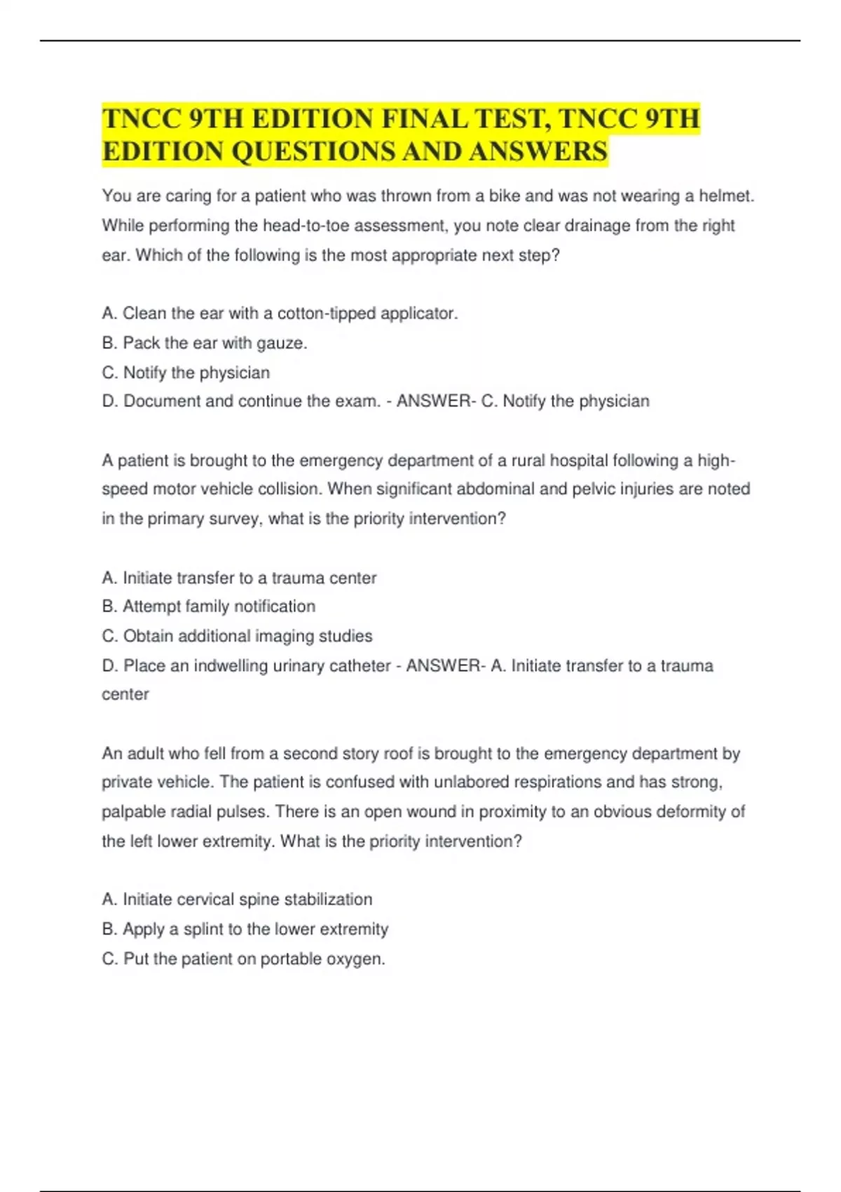 TNCC 9TH EDITION FINAL TEST, TNCC 9TH EDITION QUESTIONS AND ANSWERS ...