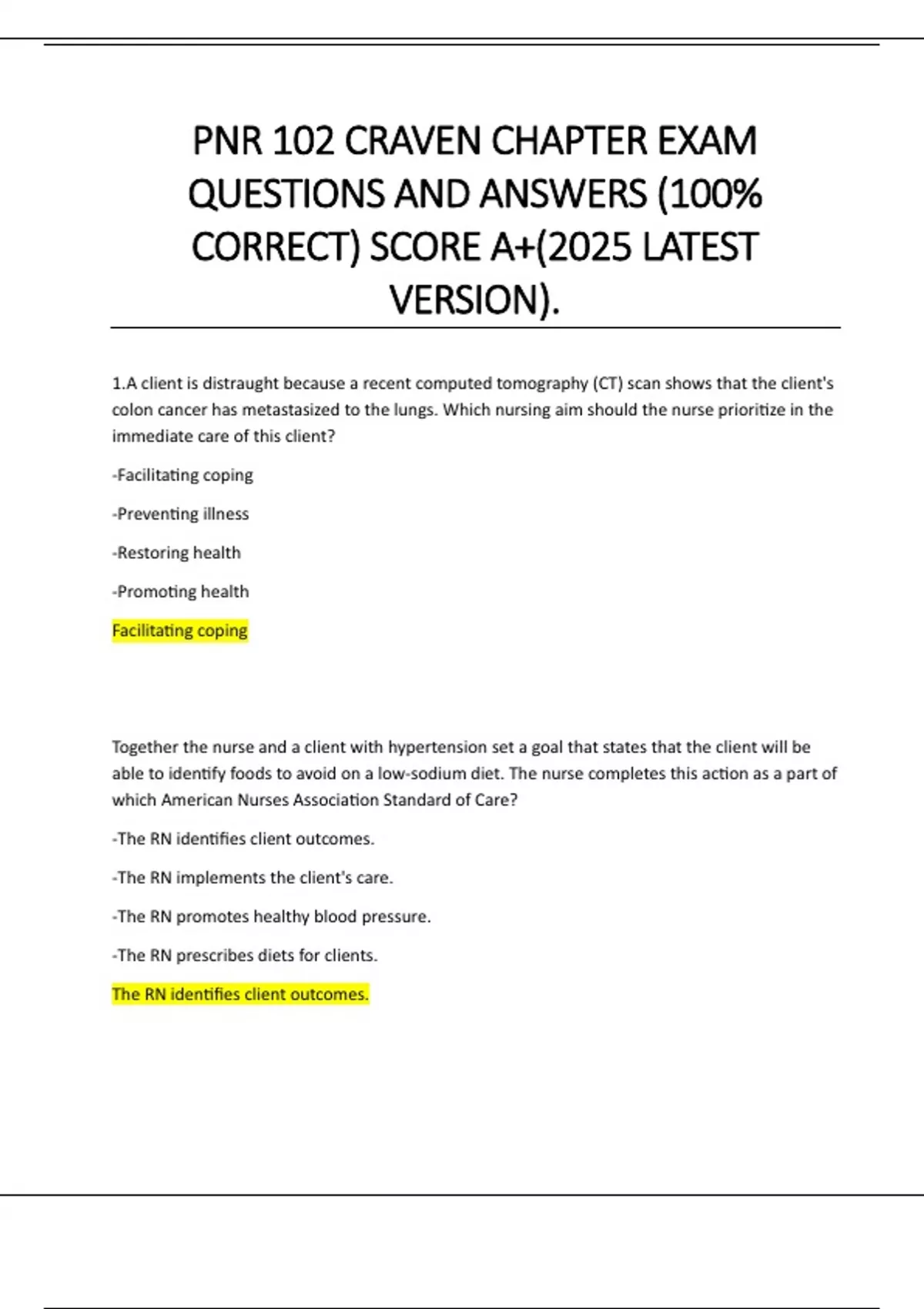 PNR 102 CRAVEN CHAPTER EXAM QUESTIONS AND ANSWERS (100% CORRECT) SCORE ...