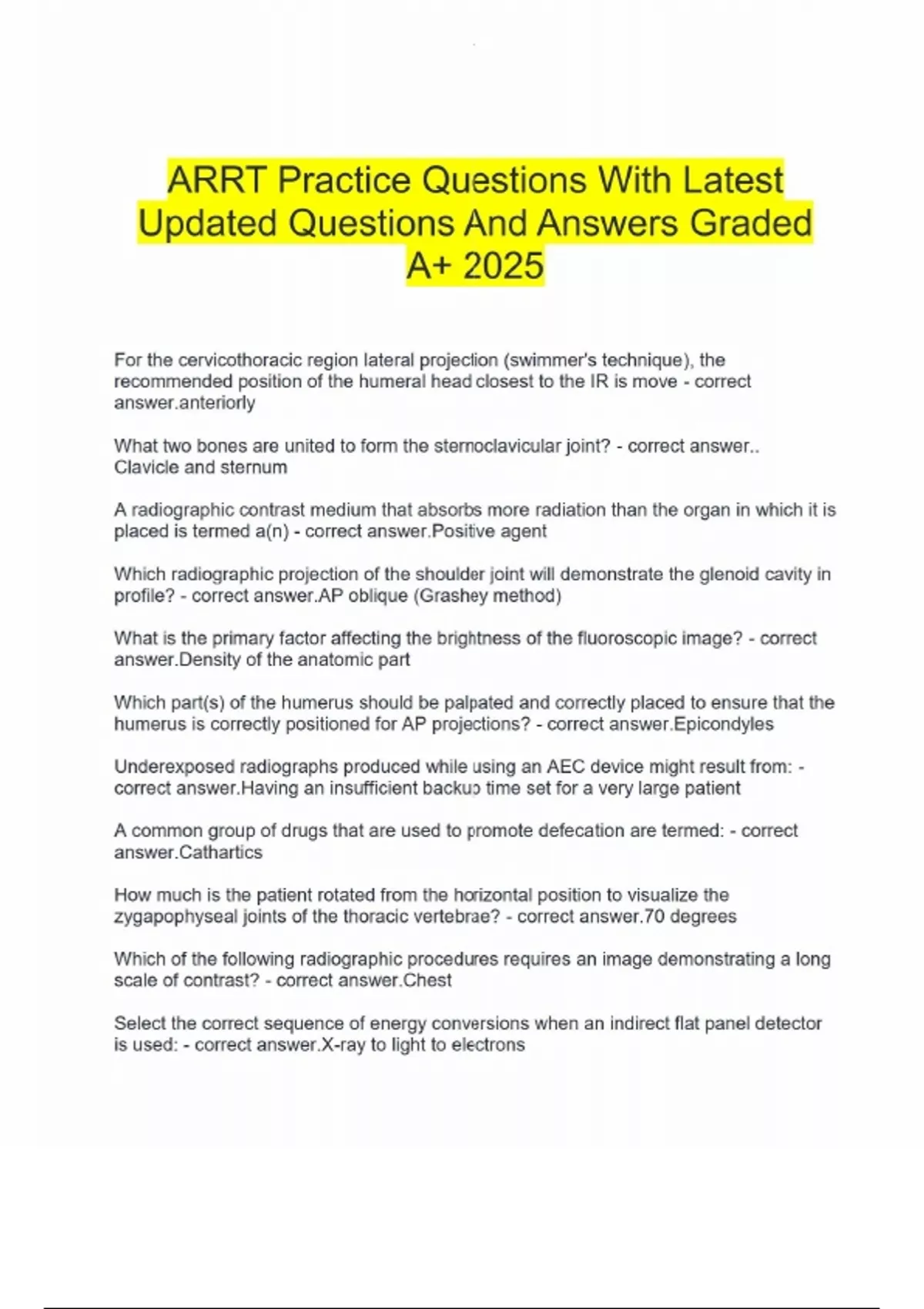 ARRT Practice Questions With Latest Updated Questions And Answers ...