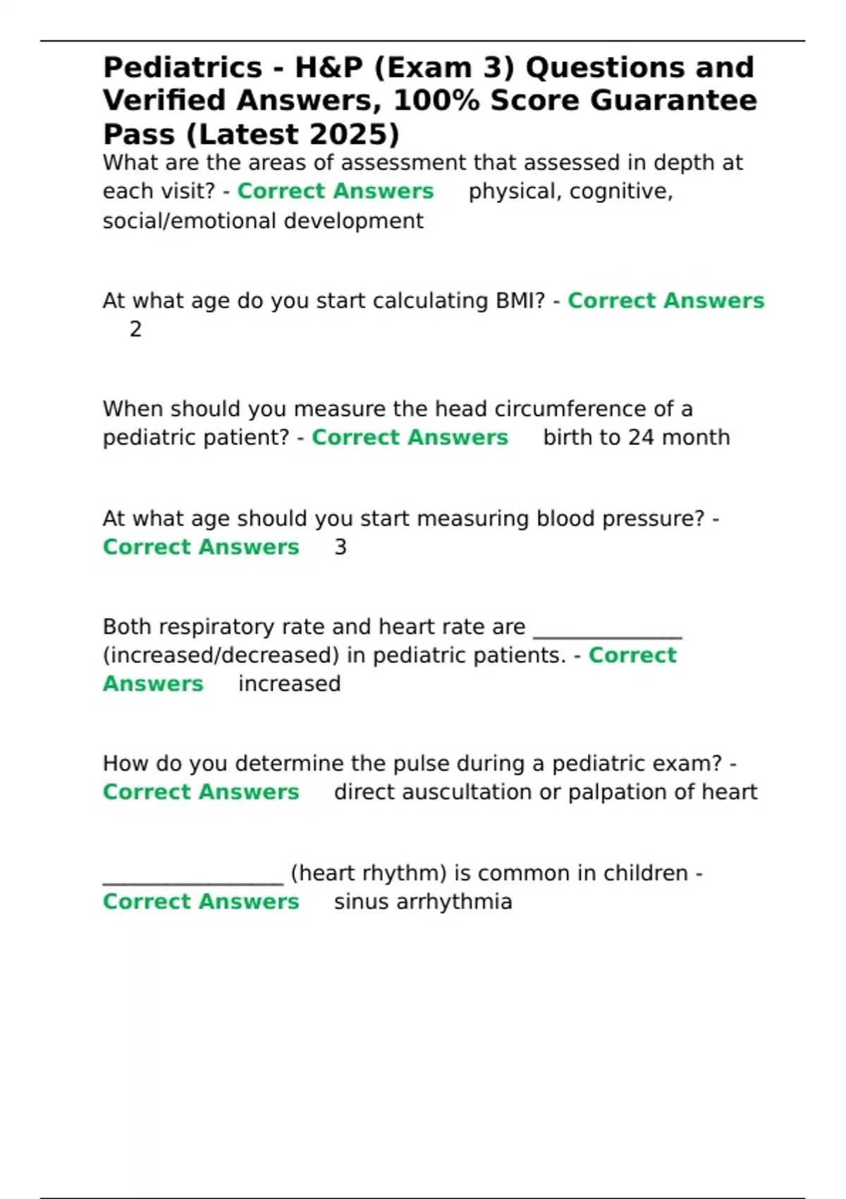 Pediatrics - H&P (Exam 3) Questions and Verified Answers, 100- Score ...