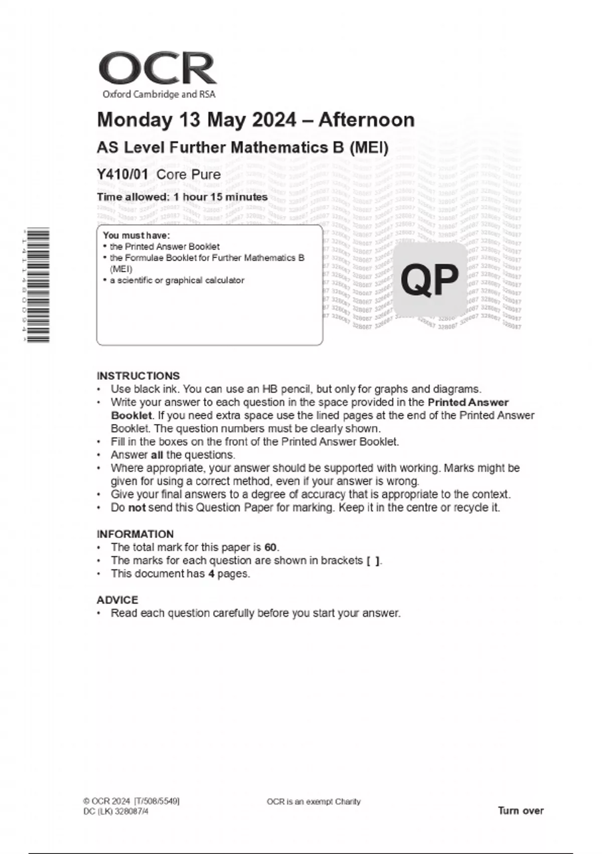 OCR AS Level Further Mathematics B (MEI) Y410/01 Core Pure MAY 2024 ...