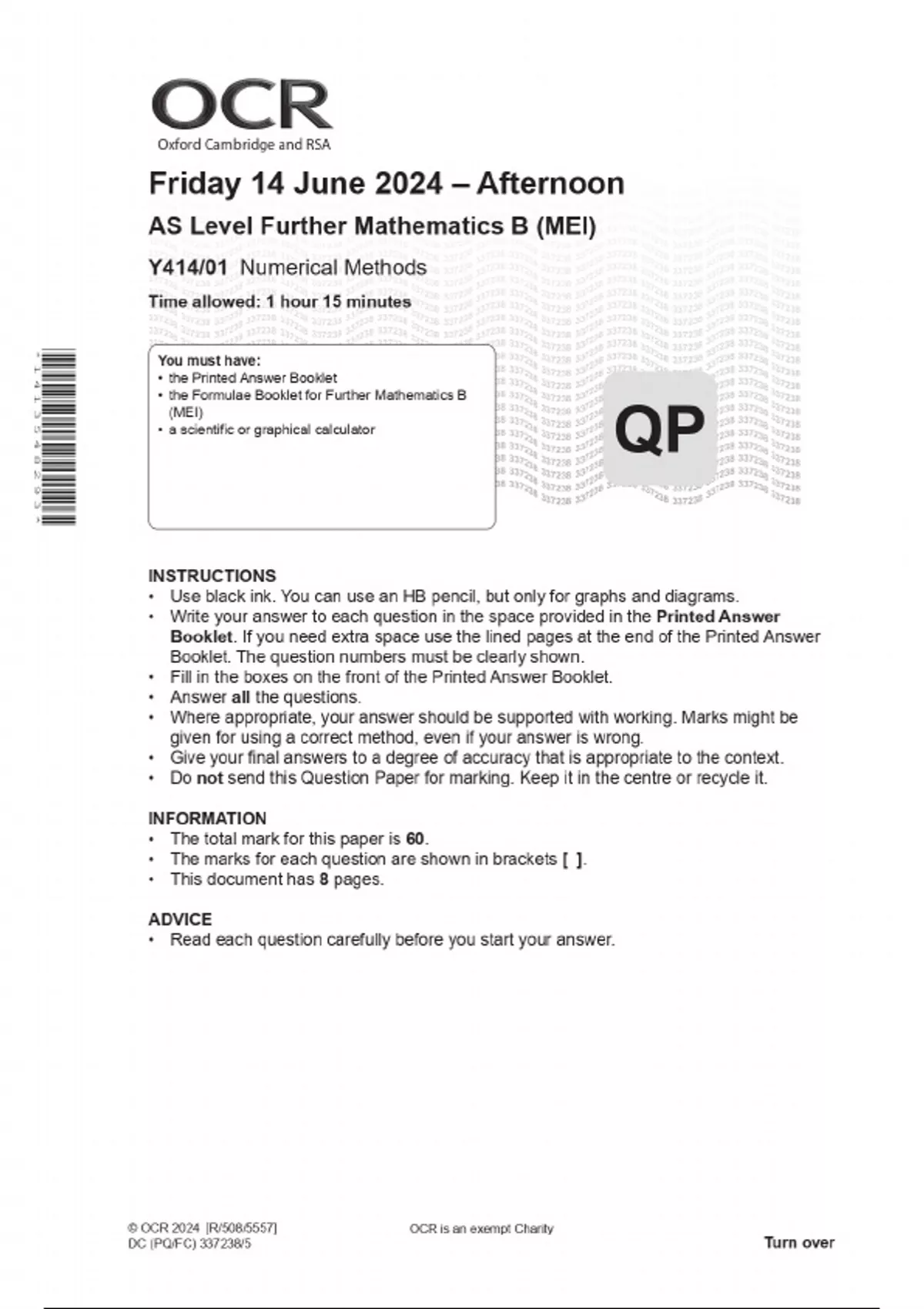 OCR AS Level Further Mathematics B (MEI) Y414/01 Numerical Methods JUNE ...