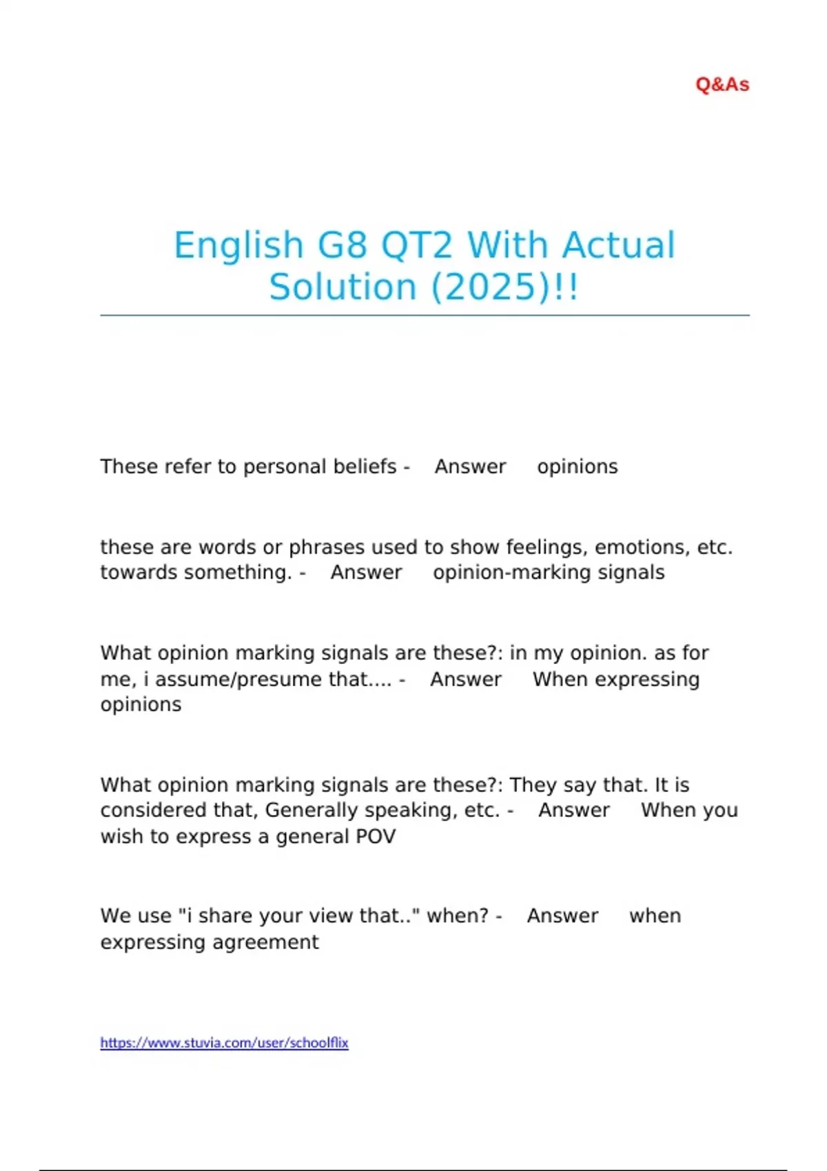 English G8 QT2 With Actual Solution (2025)!! - English G8 QT2 - Stuvia US