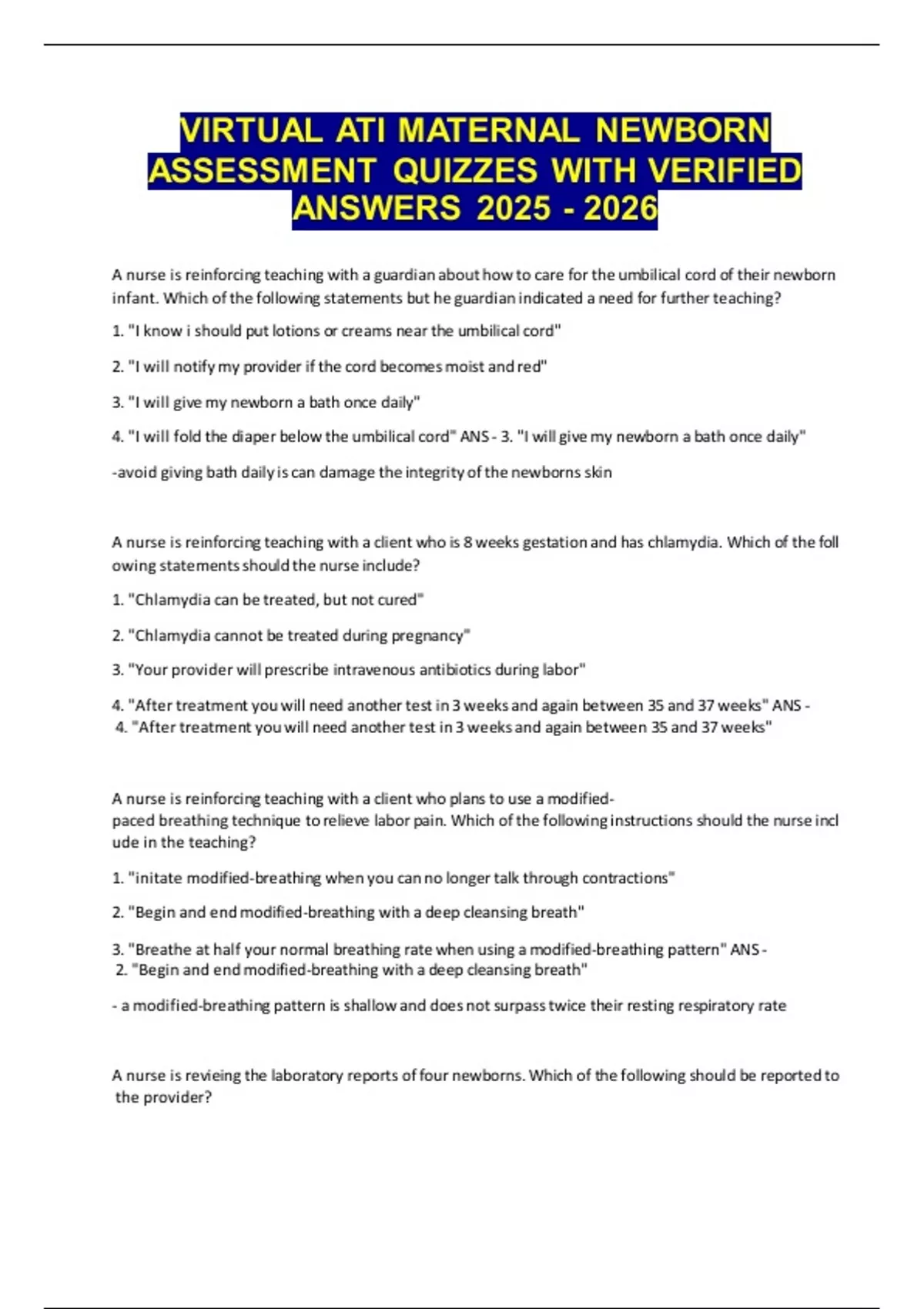 VIRTUAL ATI MATERNAL NEWBORN ASSESSMENT QUIZZES WITH VERIFIED ANSWERS ...