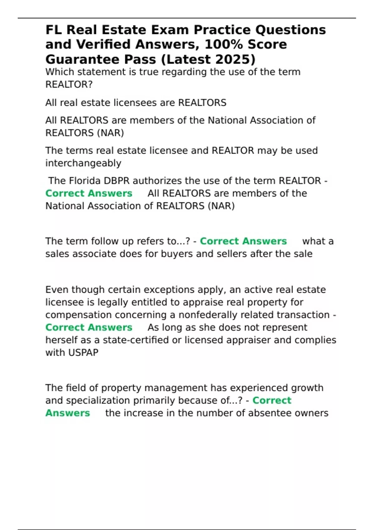 FL Real Estate Exam Practice Questions and Verified Answers, 100- Score ...