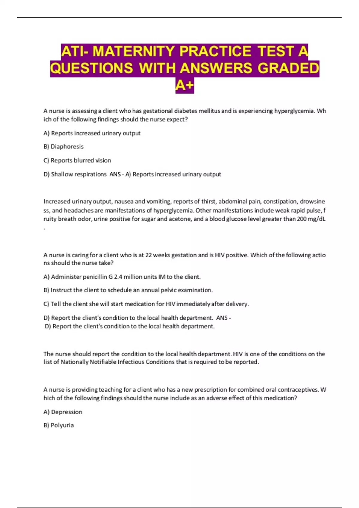 ATI- MATERNITY PRACTICE TEST A QUESTIONS WITH ANSWERS GRADED A+ - ATI ...