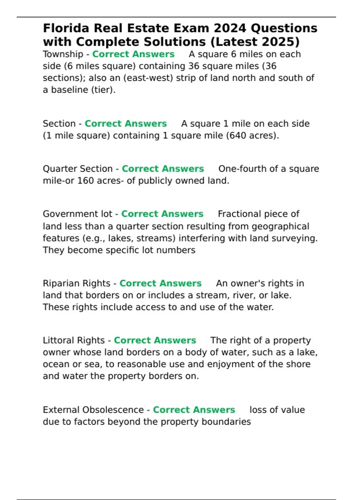 Florida Real Estate Exam 2024 Questions with Complete Solutions (Latest ...