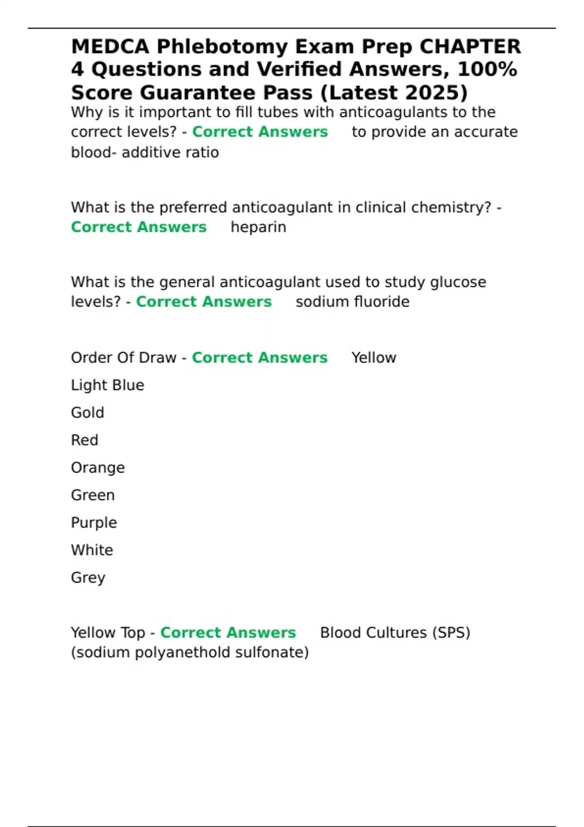 MEDCA Phlebotomy Exam Prep CHAPTER 4 Questions and Verified Answers ...