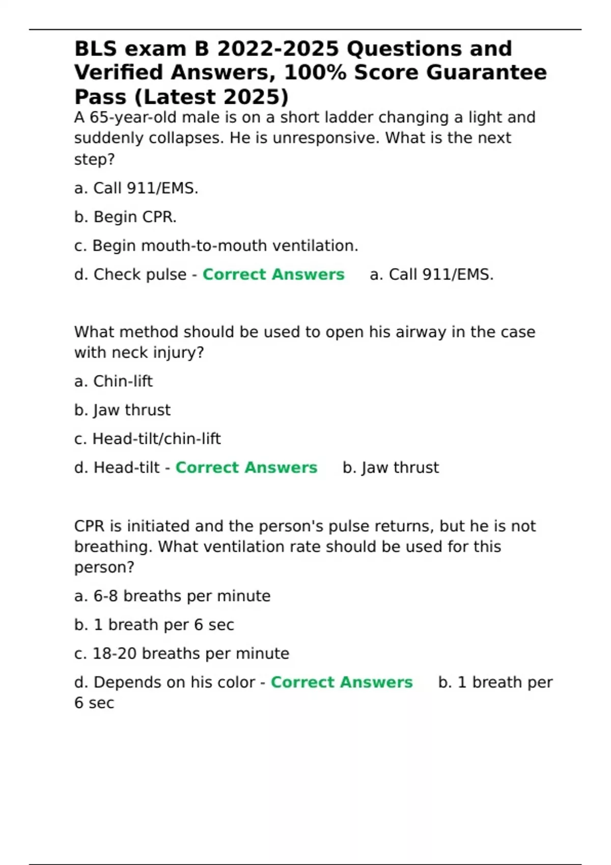 BLS exam B Questions and Verified Answers, 100- Score Guarantee Pass ...