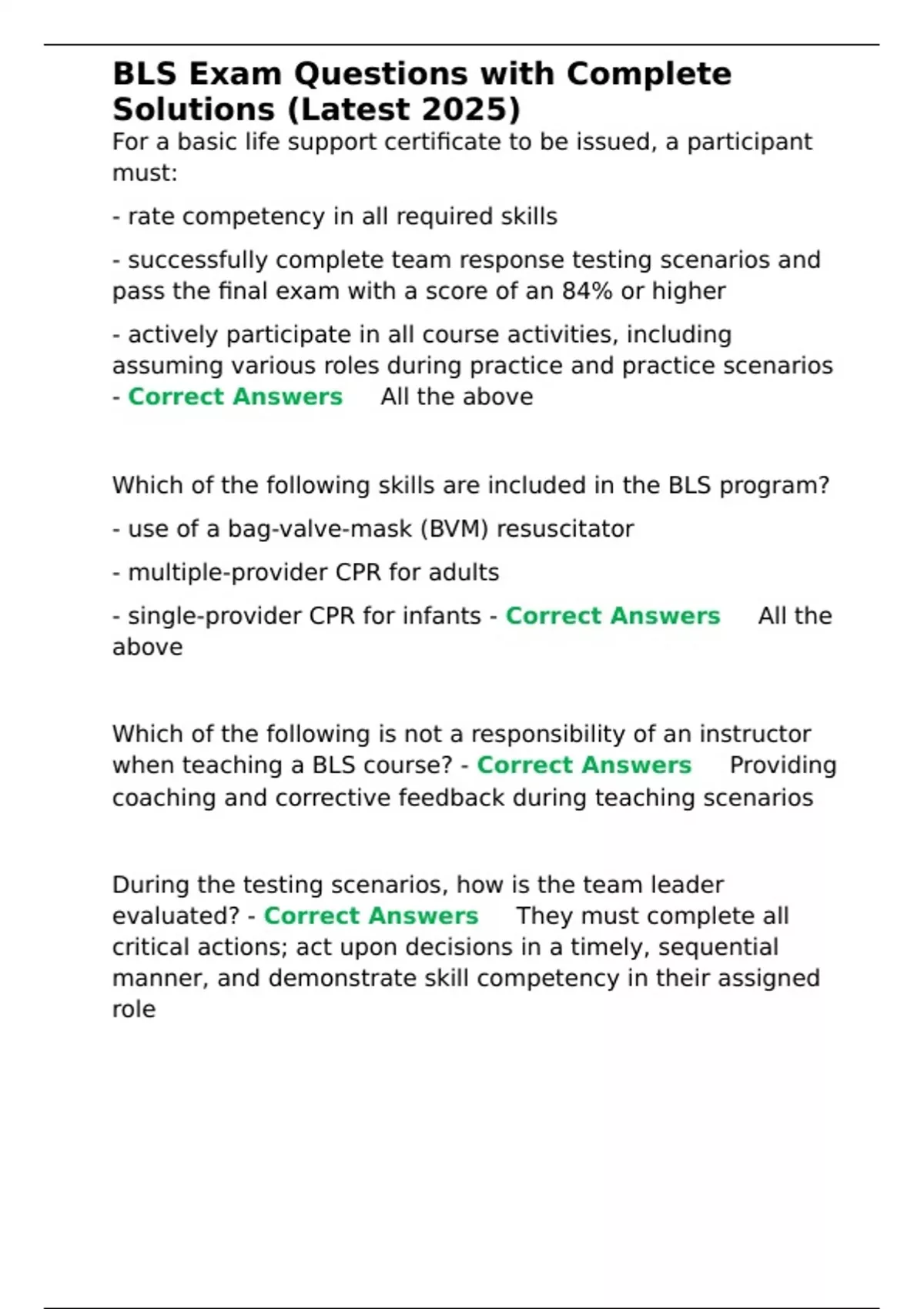 BLS Exam Questions with Complete Solutions (Latest 2025). - Basic Life ...