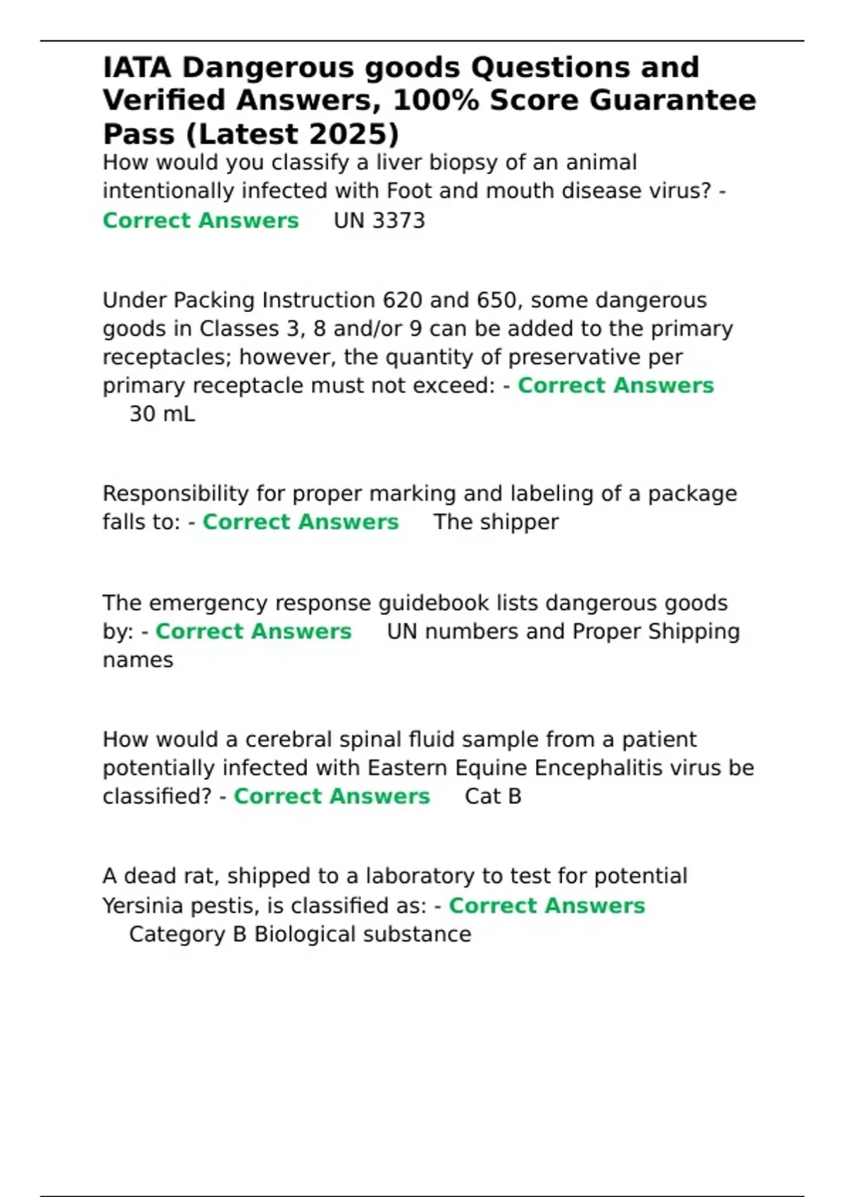 Summary IATA Dangerous goods Questions and Verified Answers, 100- Score ...