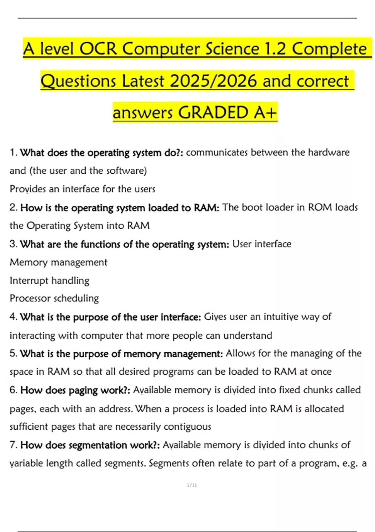 A Level Ocr Computer Science 1 2 Complete Questions Latest 2025 2026 And Correct Answers Graded