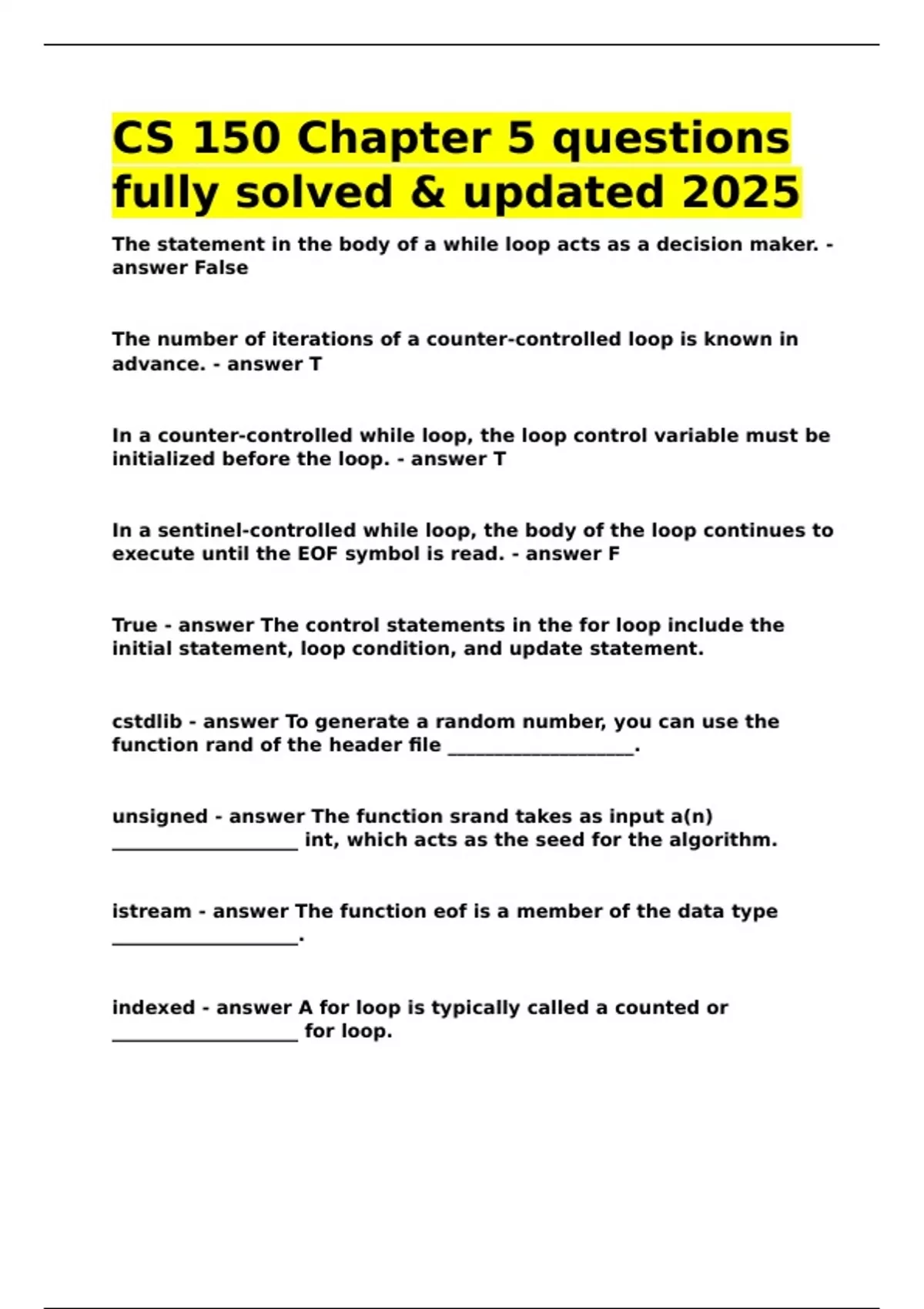 CS 150 Chapter 5 questions fully solved & updated 2025. - CS50 - Stuvia US