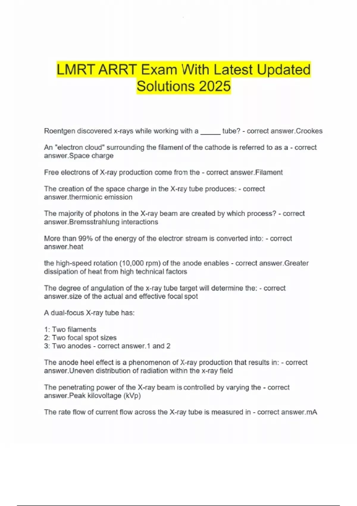 LMRT ARRT Exam With Latest Updated Solutions 2025 - LMRT ARRT - Stuvia US