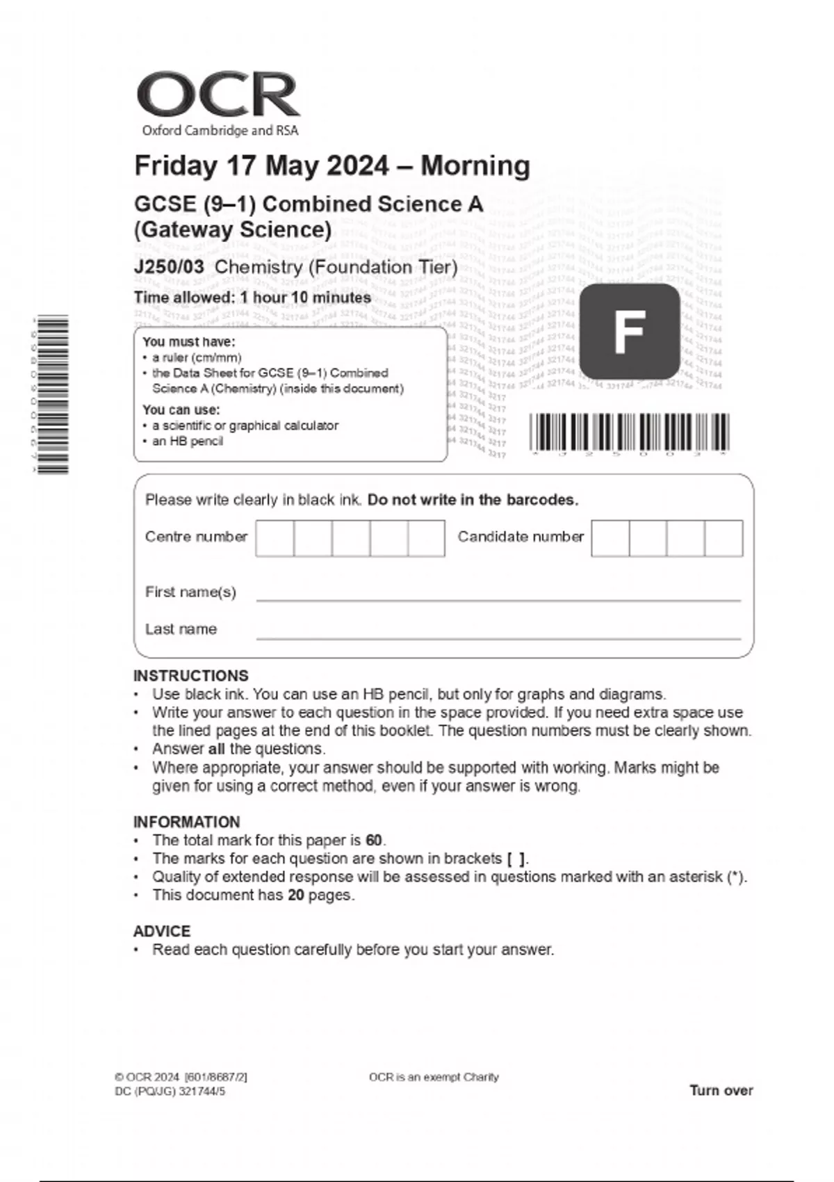 Ocr Gcse 9 1 Combined Science A Gateway Science J250 03 Chemistry Foundation Tier May 2024