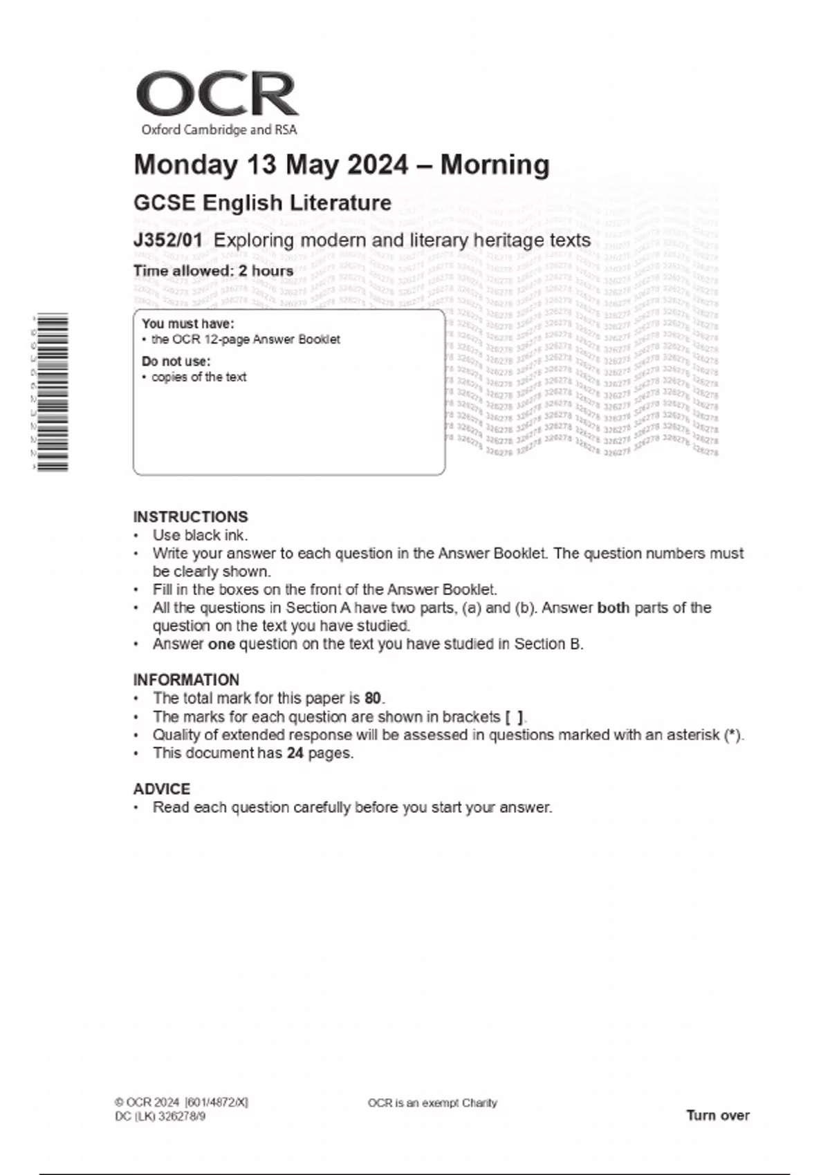BUNDLE :::OCR GCSE English Literature Question Paper with Mark Scheme ...
