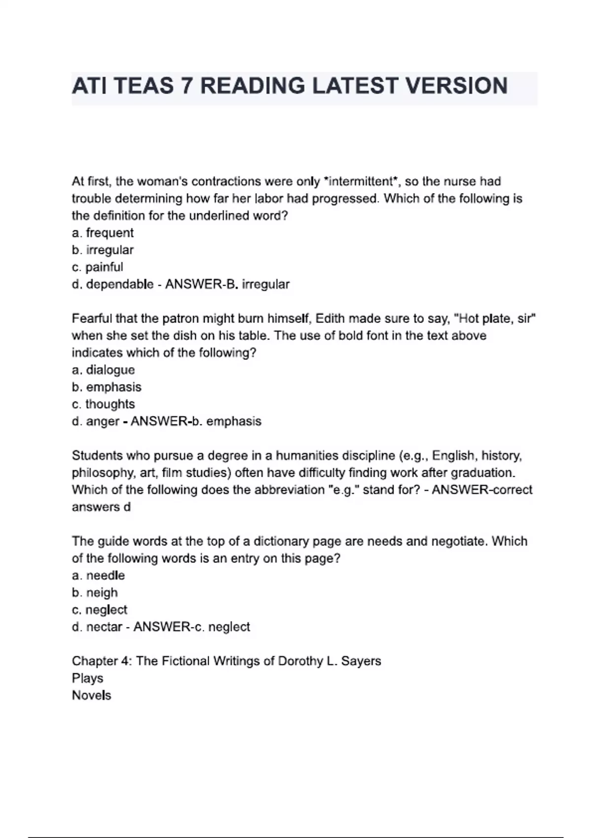 ATI TEAS 7 READING LATEST VERSION questions and answers - ATI TEAS 7 ...
