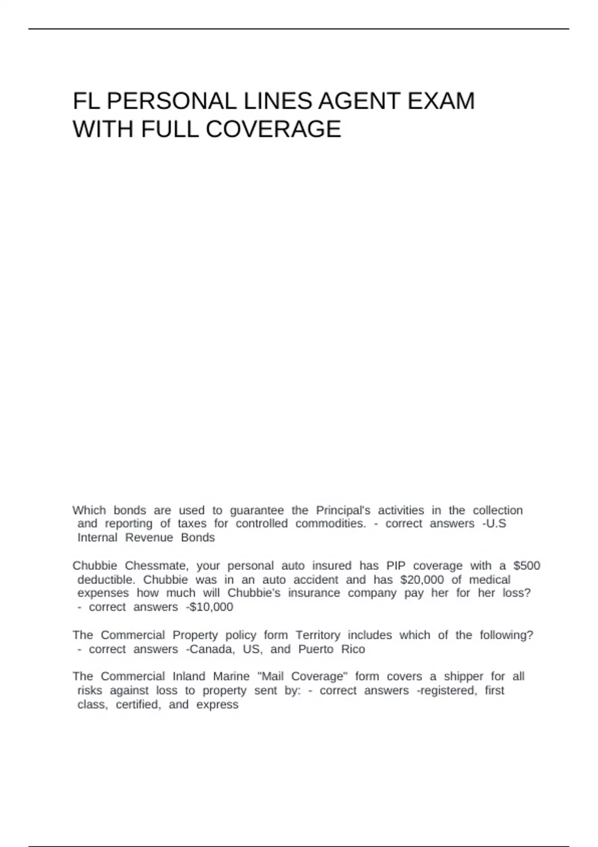 FL PERSONAL LINES AGENT EXAM WITH FULL COVERAGE - FLORIDA PERSONAL ...