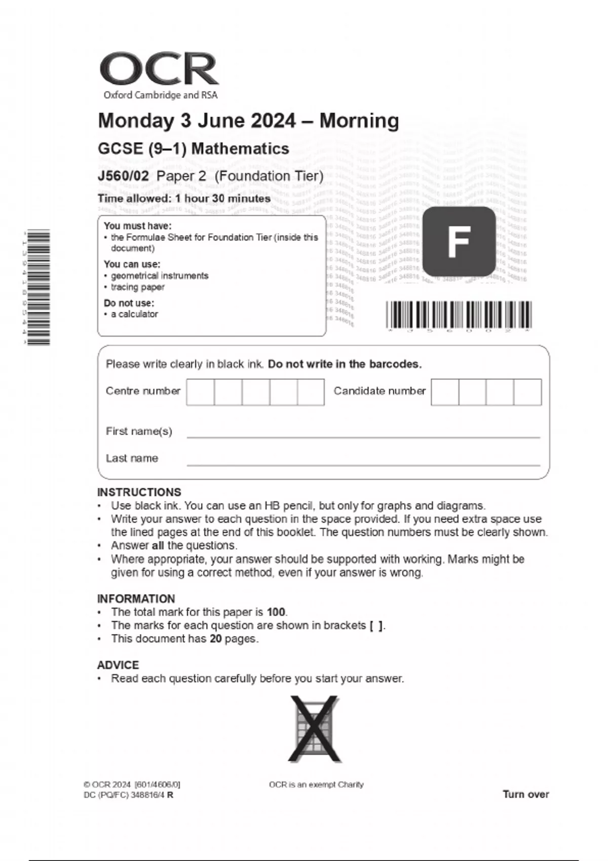 OCR GCSE (9–1) Mathematics J560/02 Paper 2 (Foundation Tier) June 2024 ...