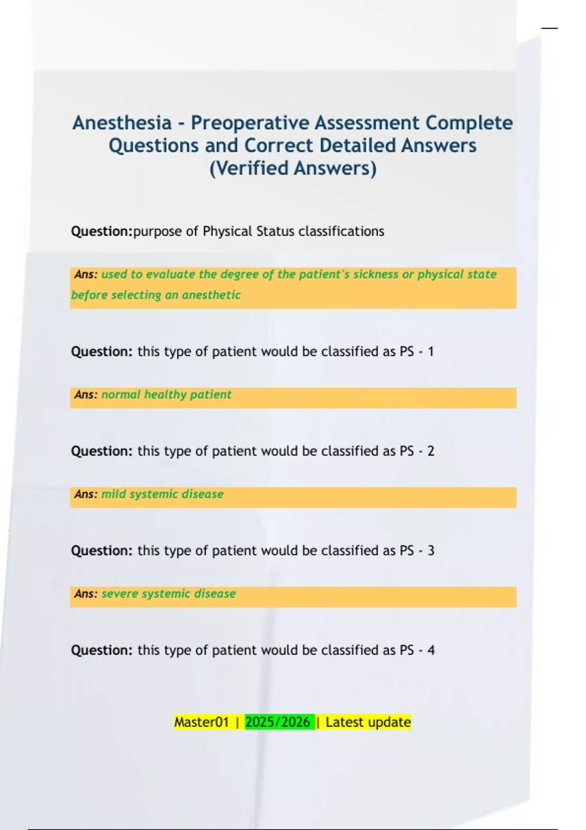Anesthesia - Preoperative Assessment Complete Questions and Correct ...