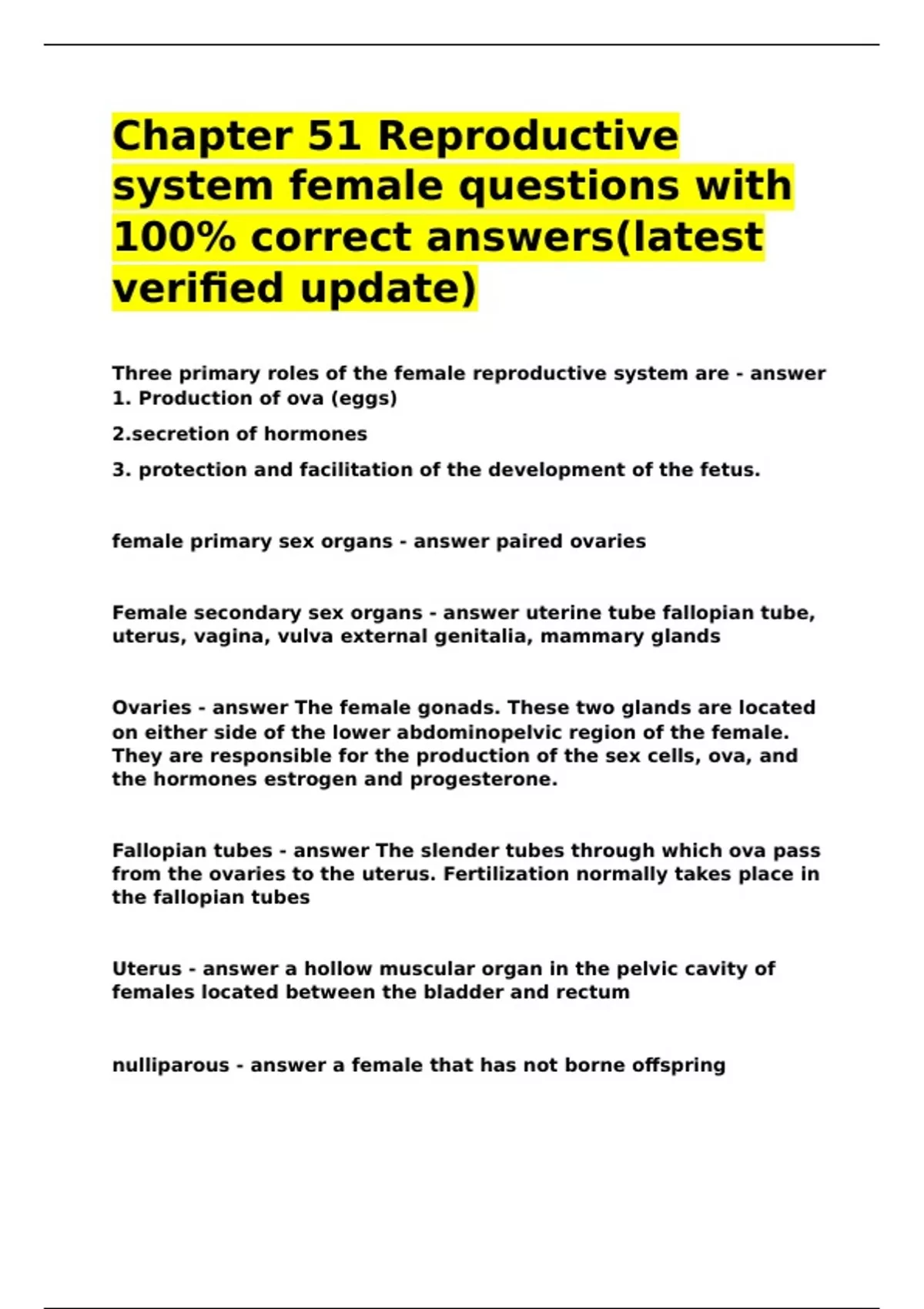 Chapter 51 Reproductive system female questions with 100- correct ...