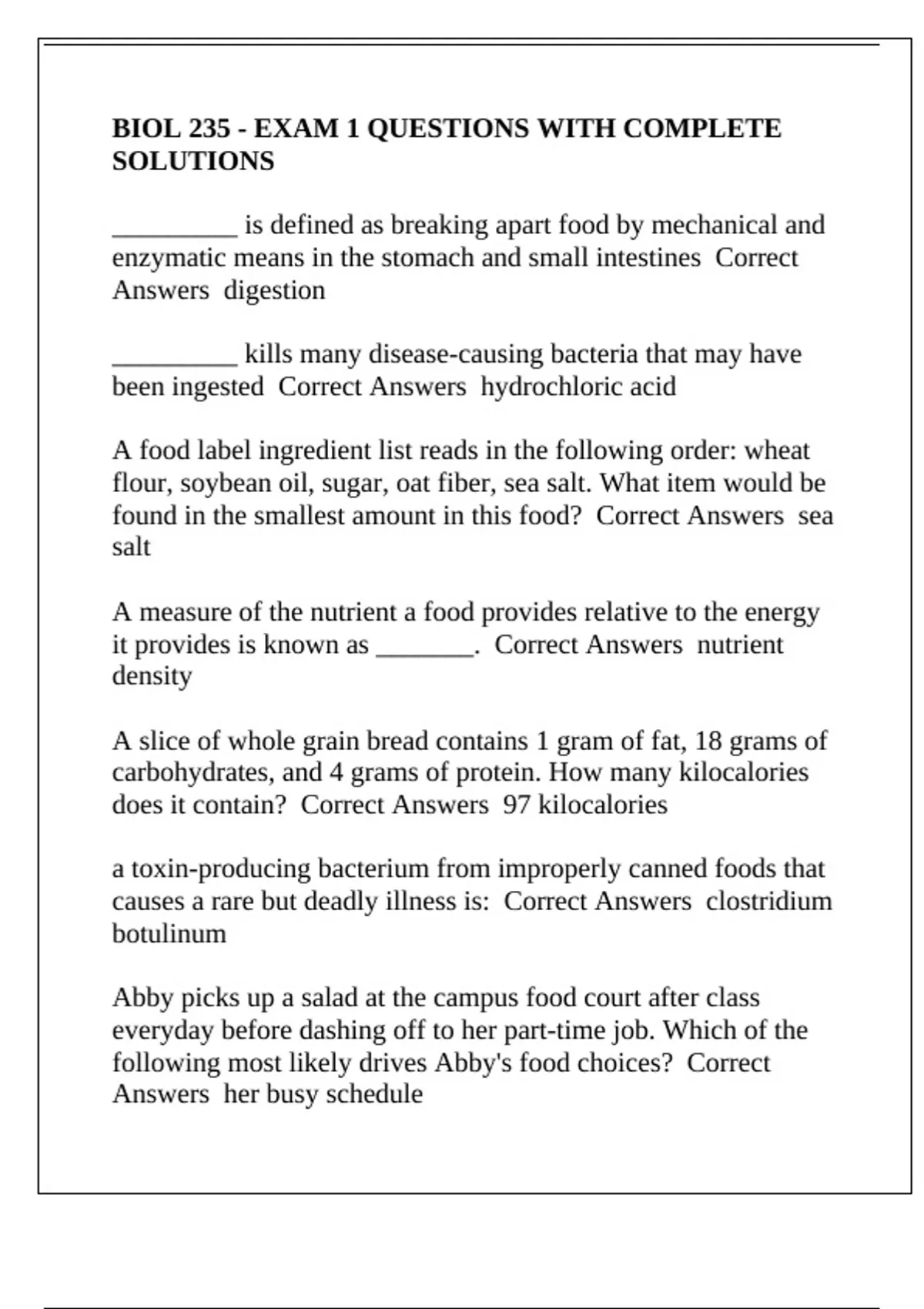BIOL 235 - EXAM 1 QUESTIONS WITH COMPLETE SOLUTIONS - Bio 235 - Stuvia US