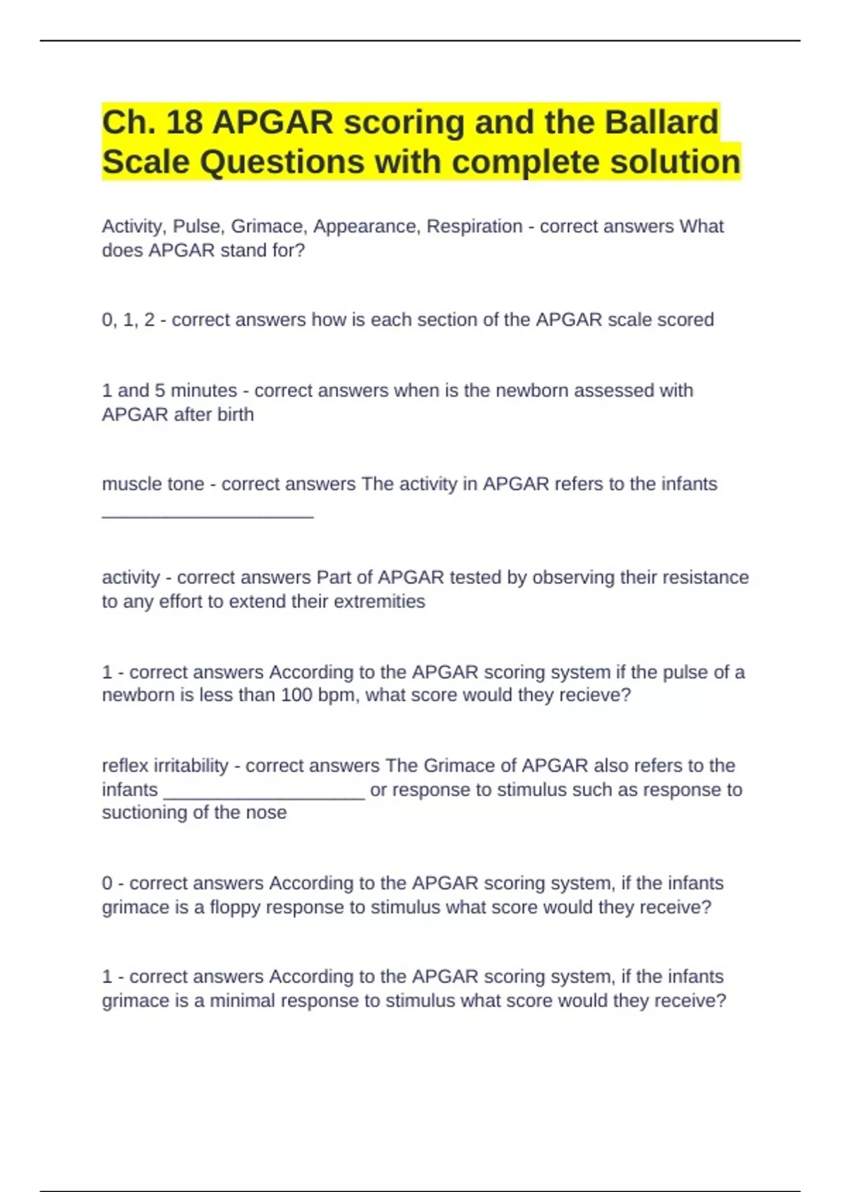 Ch. 18 APGAR scoring and the Ballard Scale Questions with complete ...