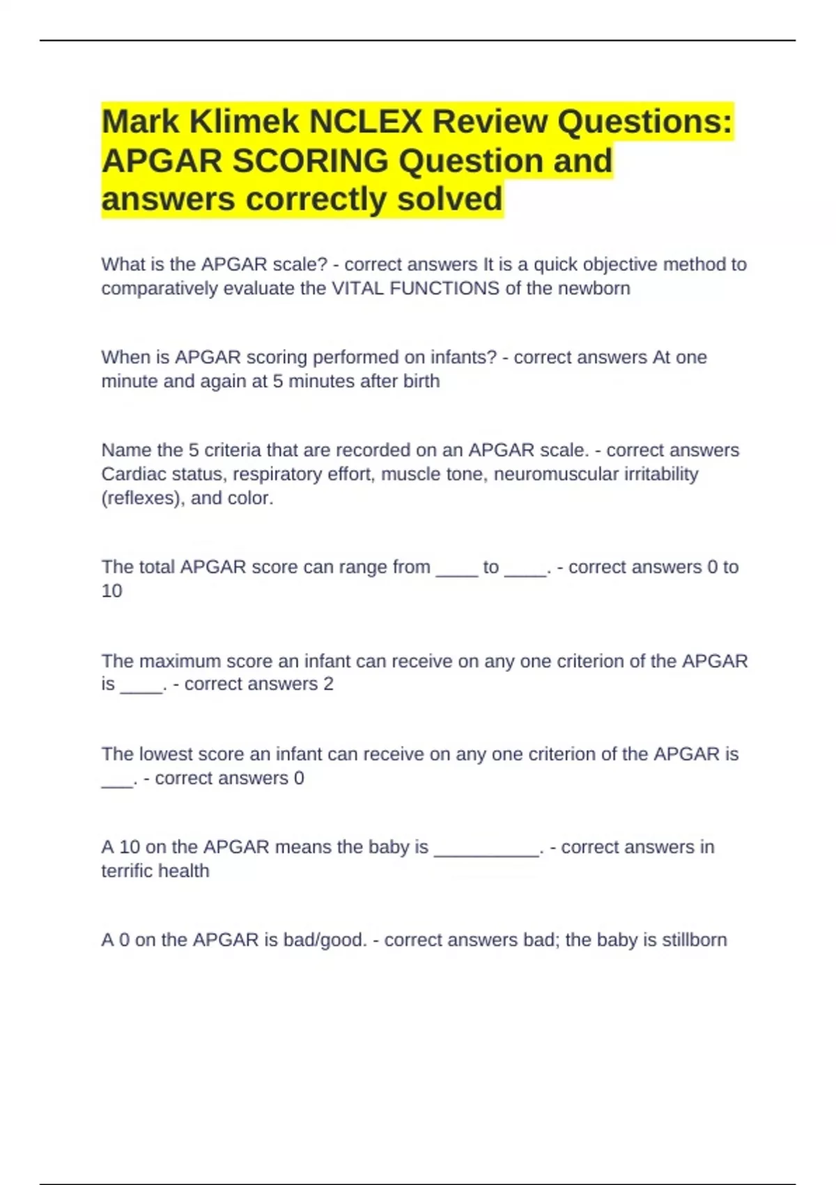 Mark Klimek NCLEX Review Questions: APGAR SCORING Question and answers ...