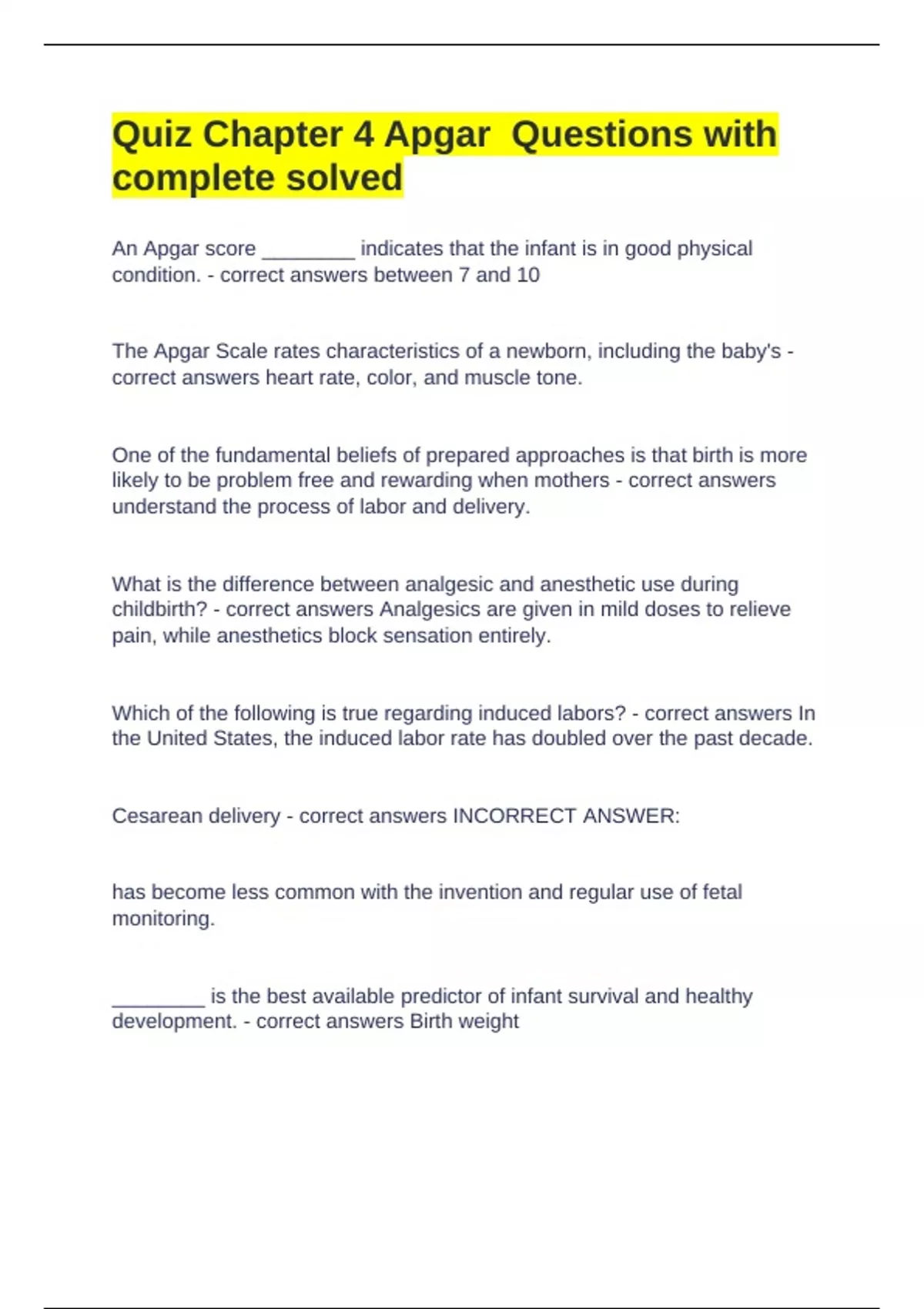 Quiz Chapter 4 Apgar Questions with complete solved - Chapter 4 Apgar ...