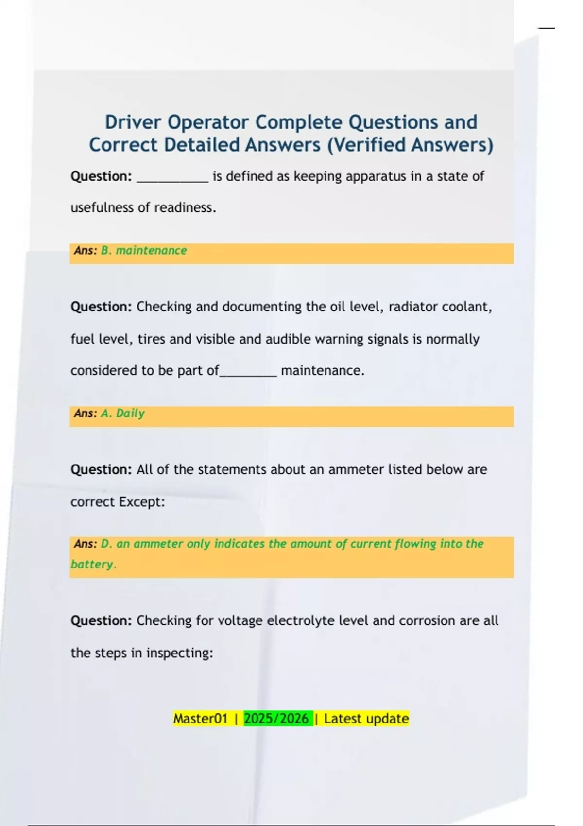 Driver Operator Complete Questions and Correct Detailed Answers ...