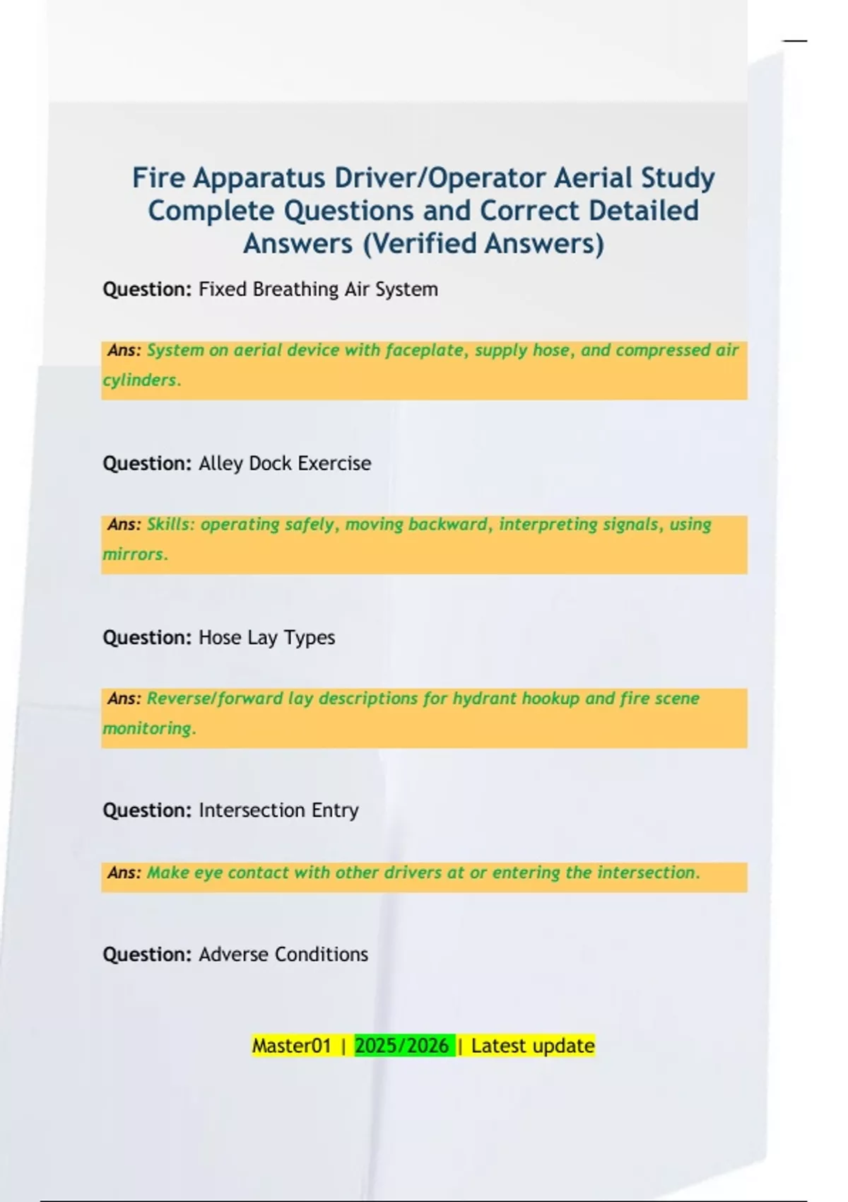 Fire Apparatus Driver/Operator Aerial Study Complete Questions and ...
