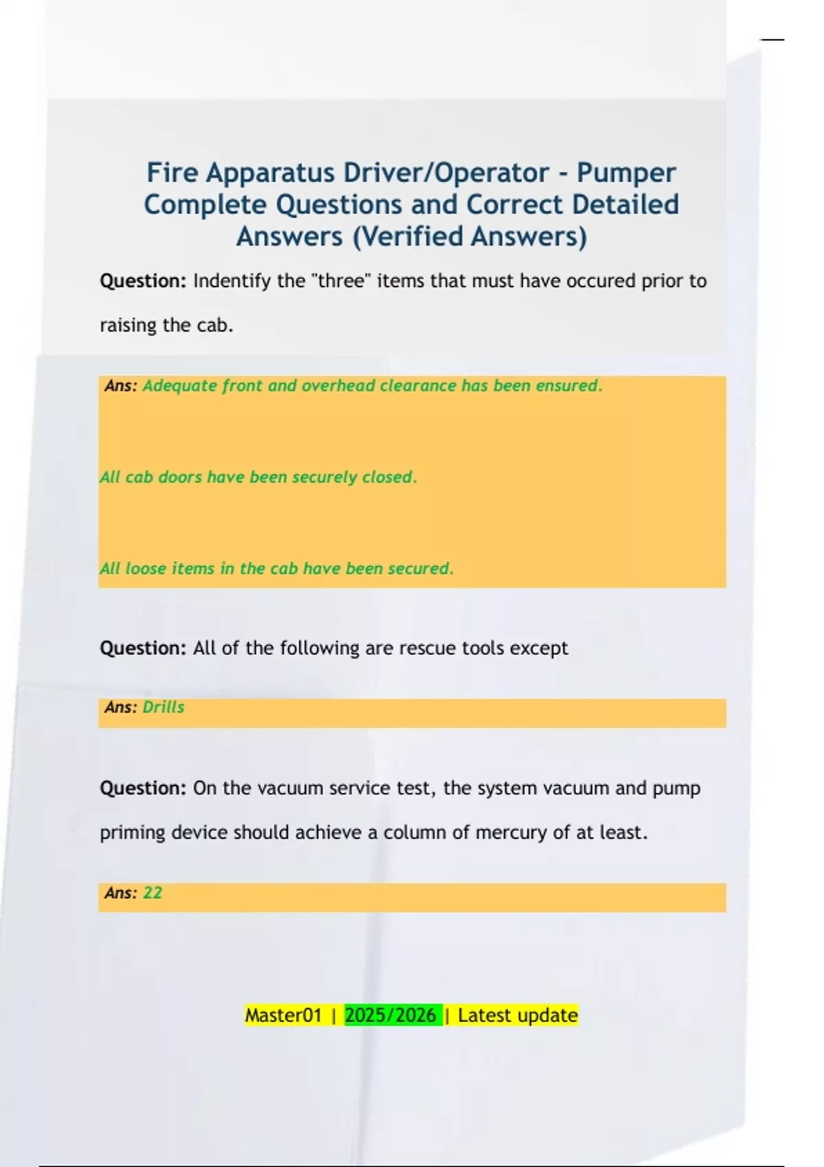 Fire Apparatus Driver/Operator - Pumper Complete Questions and Correct ...