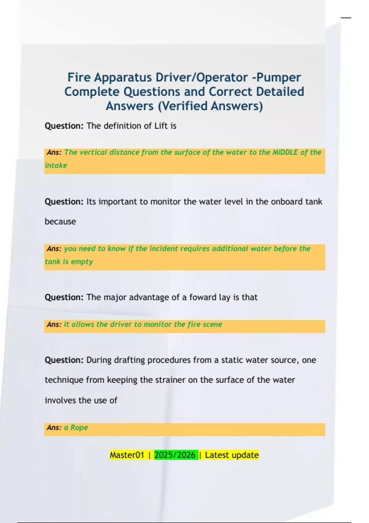 Fire Apparatus Driver/Operator -Pumper Complete Questions and Correct ...
