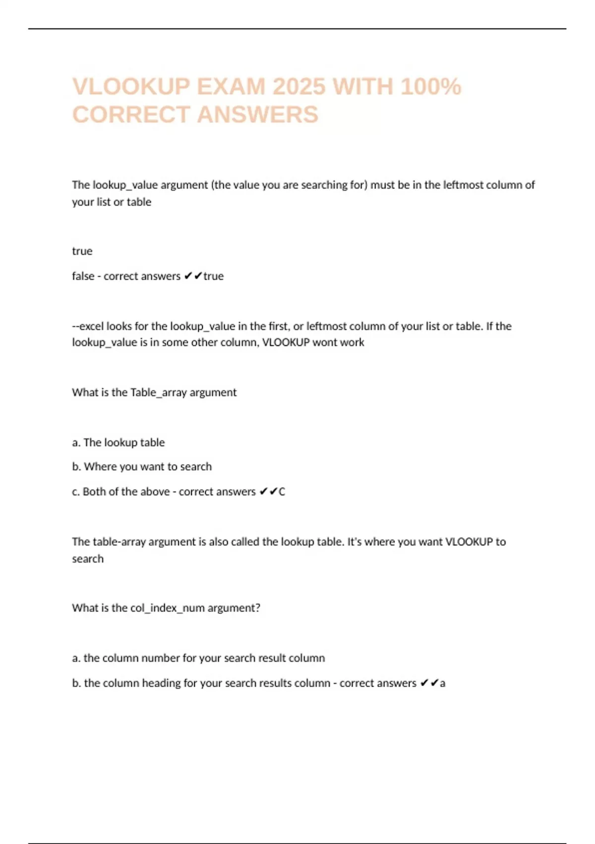VLOOKUP EXAM 2025 WITH 100% CORRECT ANSWERS - VLOOKUP E - Stuvia US
