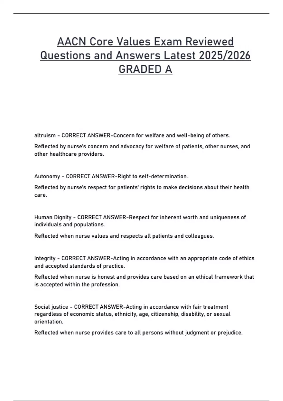 AACN Core Values Exam Reviewed Questions and Answers Latest 2025/2026 ...