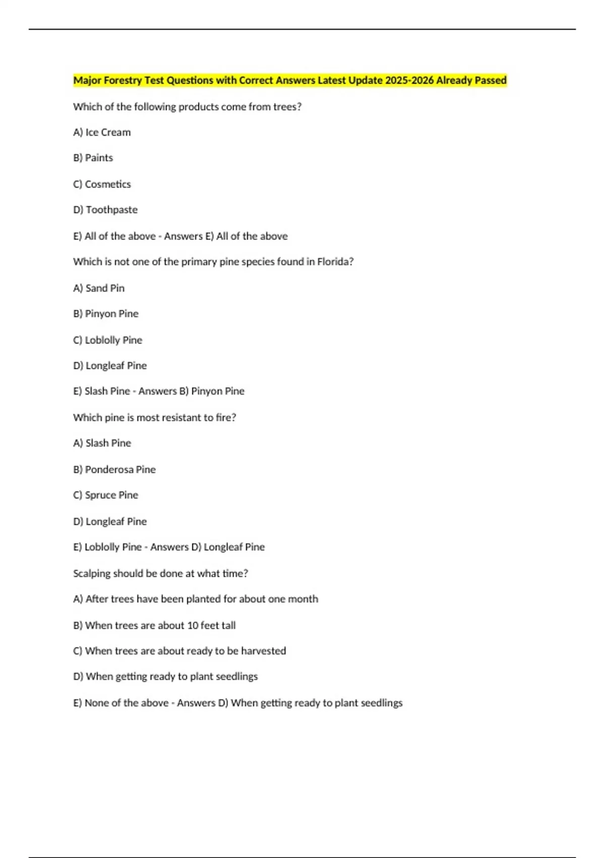 Major Forestry Test Questions with Correct Answers Latest Update ...