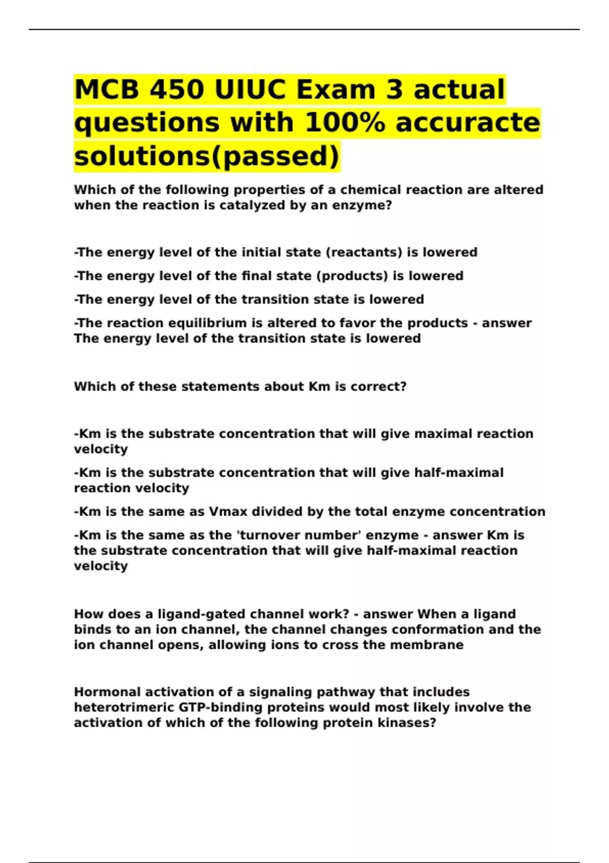 MCB 450 UIUC Exam 3 actual questions with 100- accuracte solutions ...
