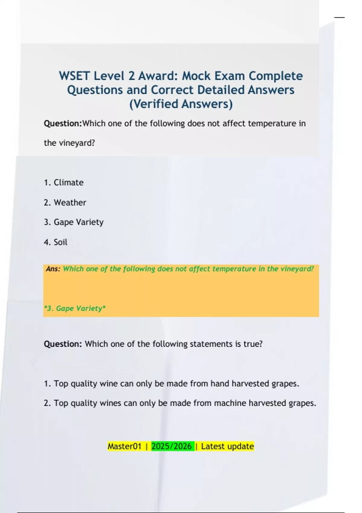 WSET Level 2 Award – Mock Exam Complete Questions and Correct Detailed ...