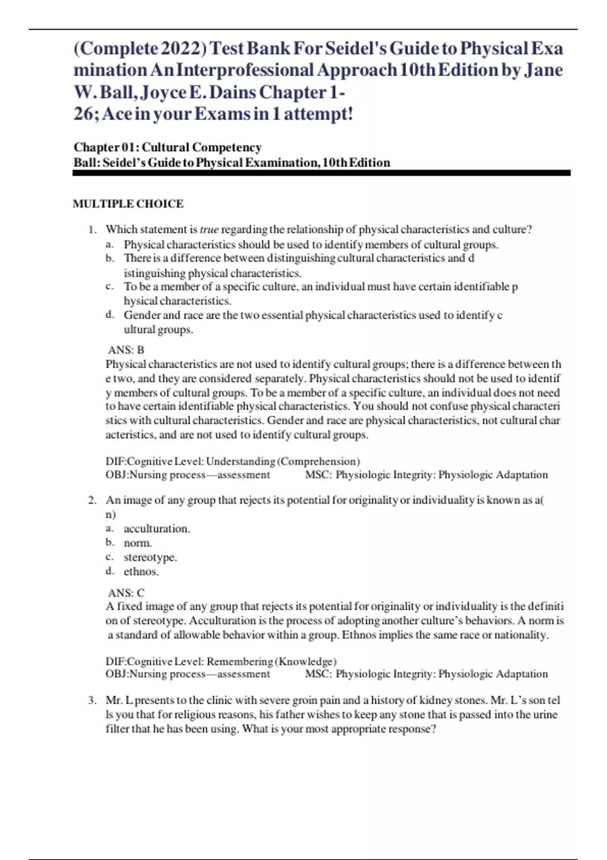 Test Bank for Seidel-s Guide to Physical Examination, 10th Edition by ...