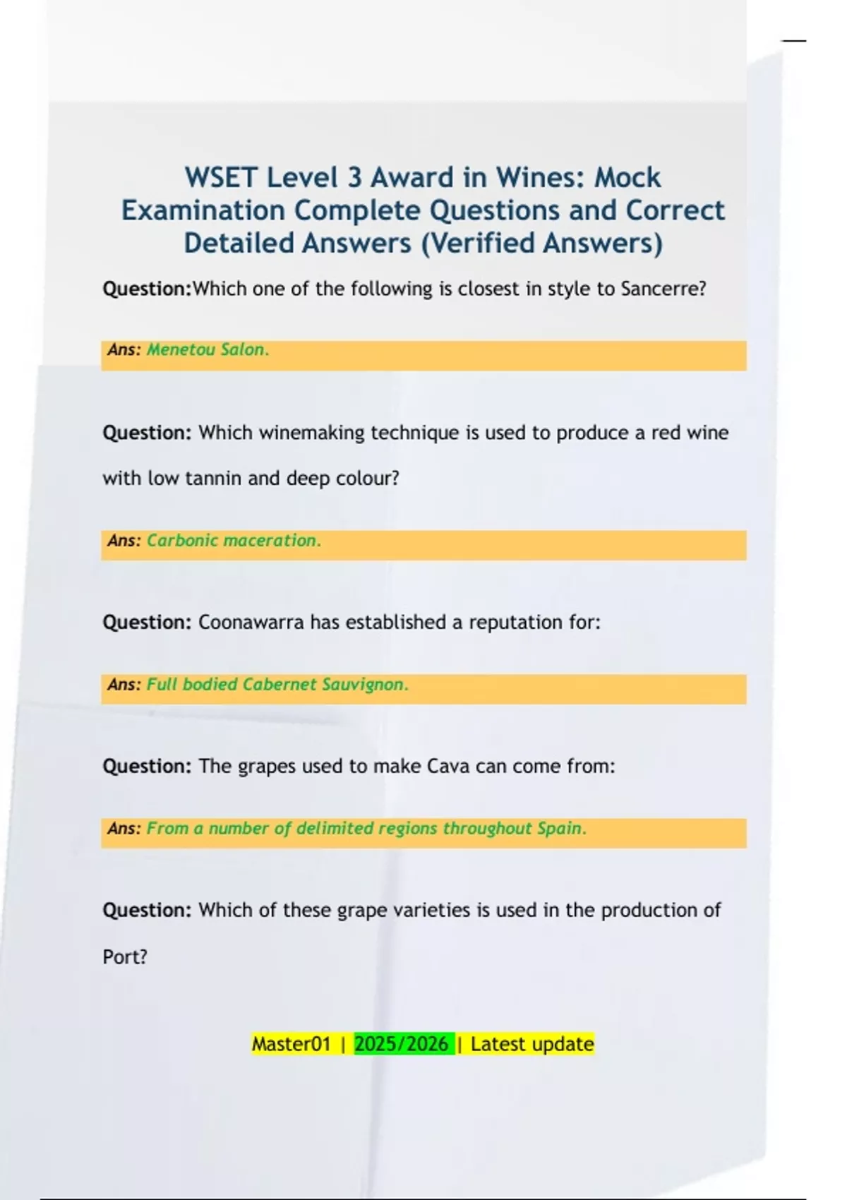 WSET Level 3 Award in Wines: Mock Examination Complete Questions and ...