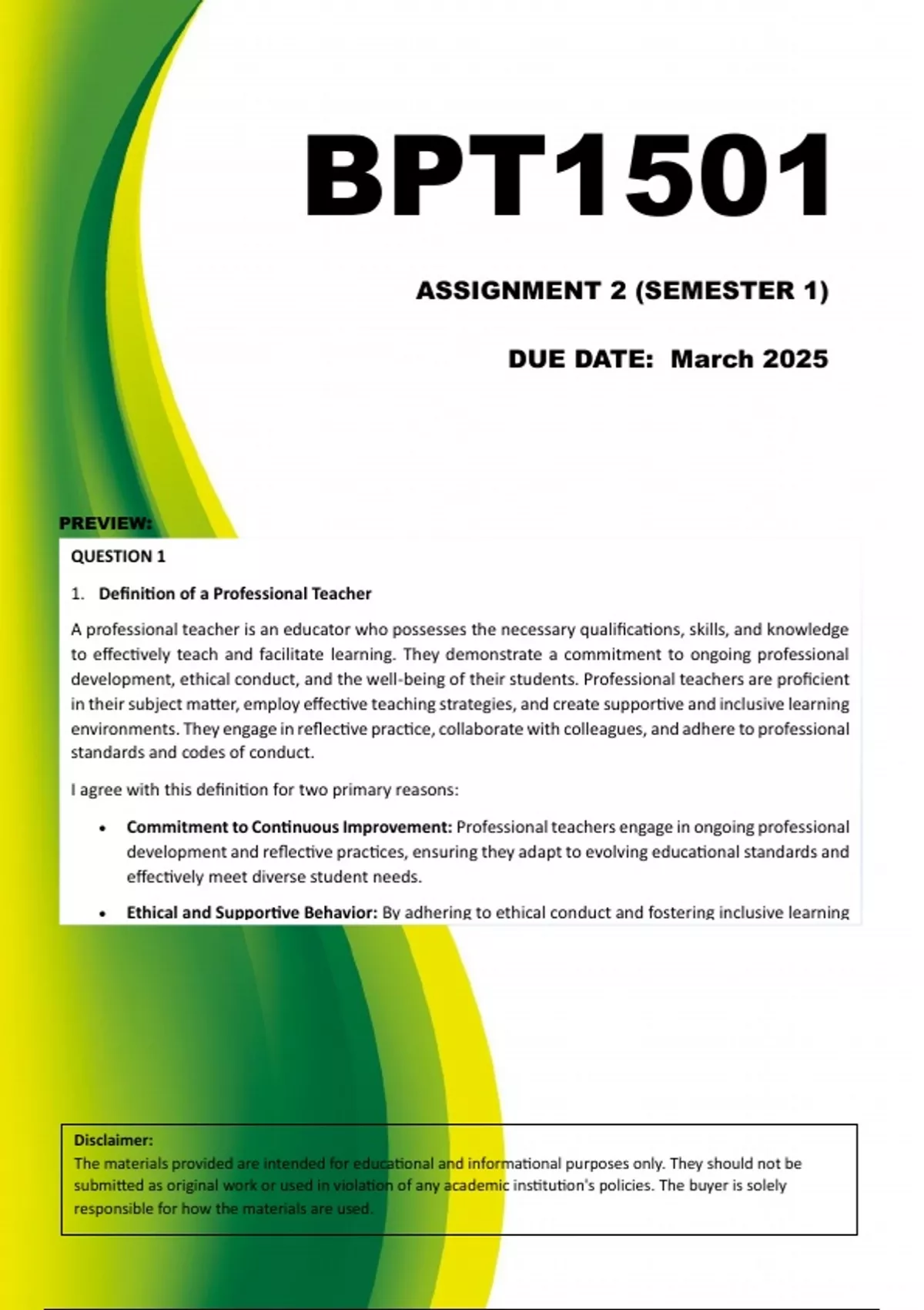 BPT1501 Assignment 2 (Semester 1) 2025 - DUE March 2025 - BPT1501 - Being a Professional Teacher ...