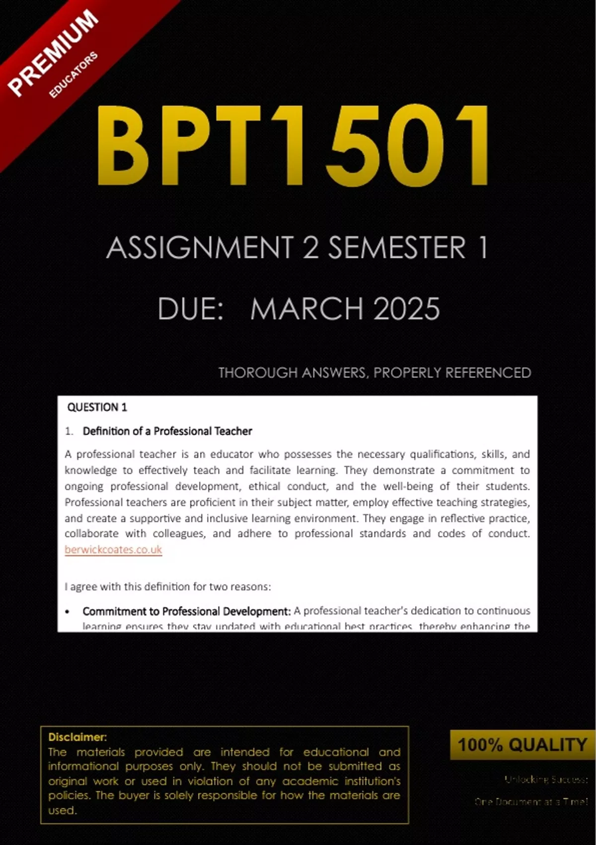 BPT1501 Assignment 2 (Semester 1) 2025 - Due March 2025 - BPT1501 - Being a Professional Teacher ...
