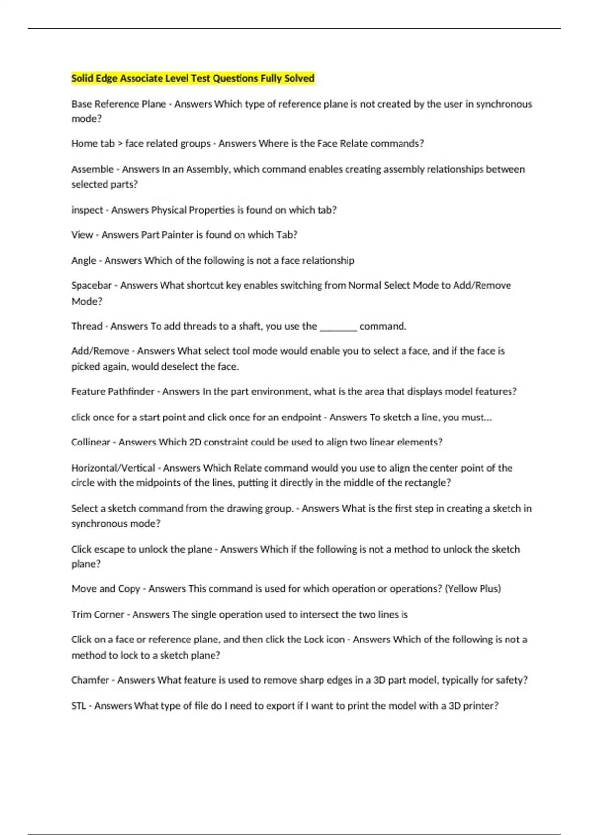 Solid Edge Associate Level Test Questions Fully Solved - Solid Edge ...