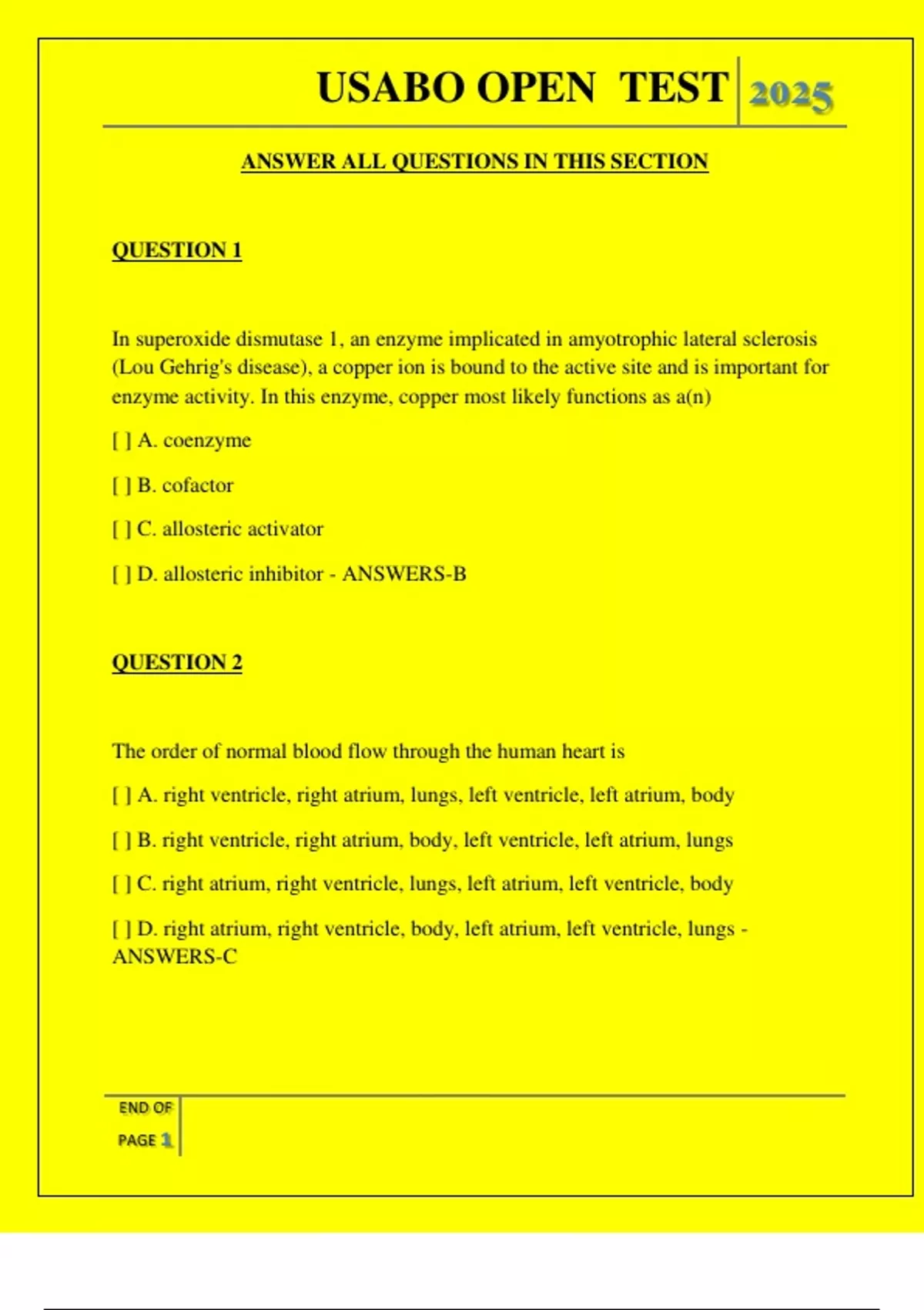 USABO OPEN TEST QUESTIONS AND ANSWERS 2025 - USABO OPEN - Stuvia US